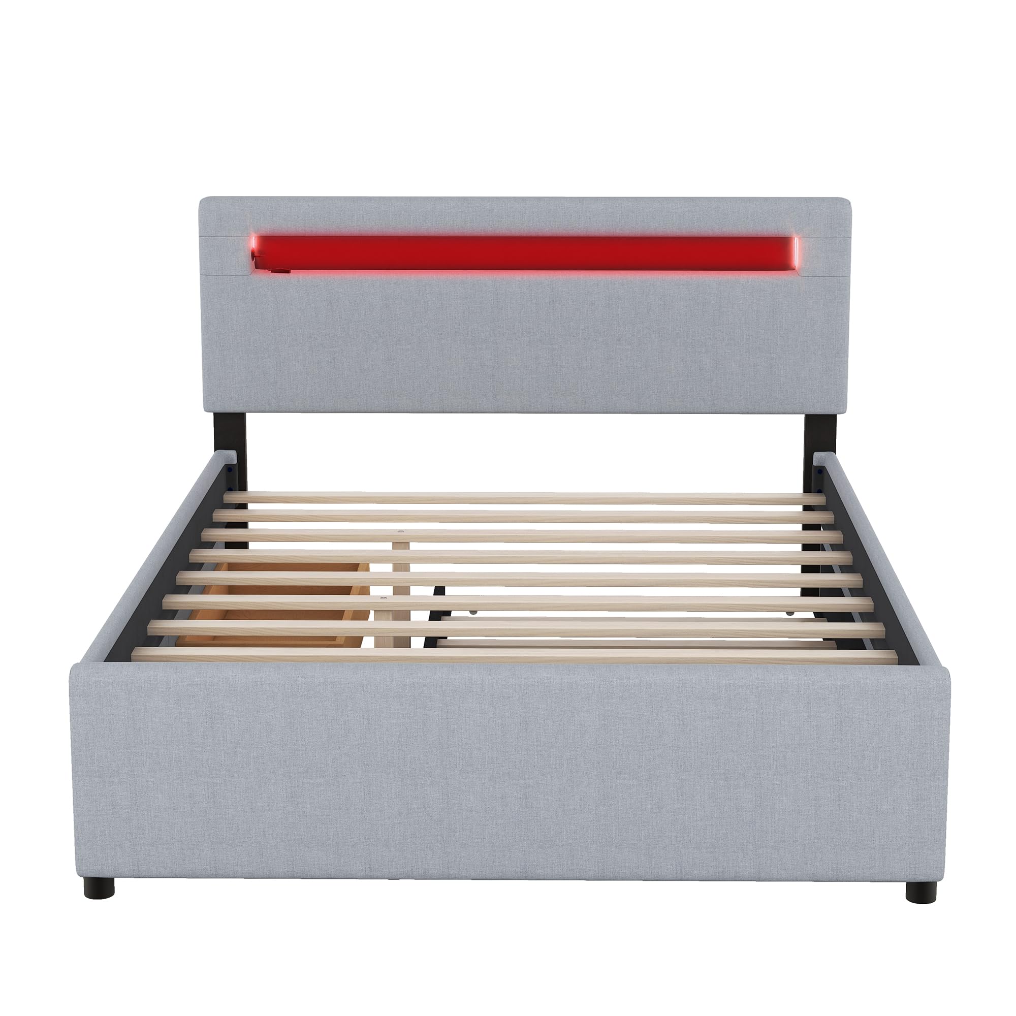 HAWWHOME Queen Size Upholstered Platform Bed with 2 Storage Drawers and Twin Trundle, LED Lights and USB Charging, Linen Queen Bed Frame with Headboard and Wood Slat Support, Gray