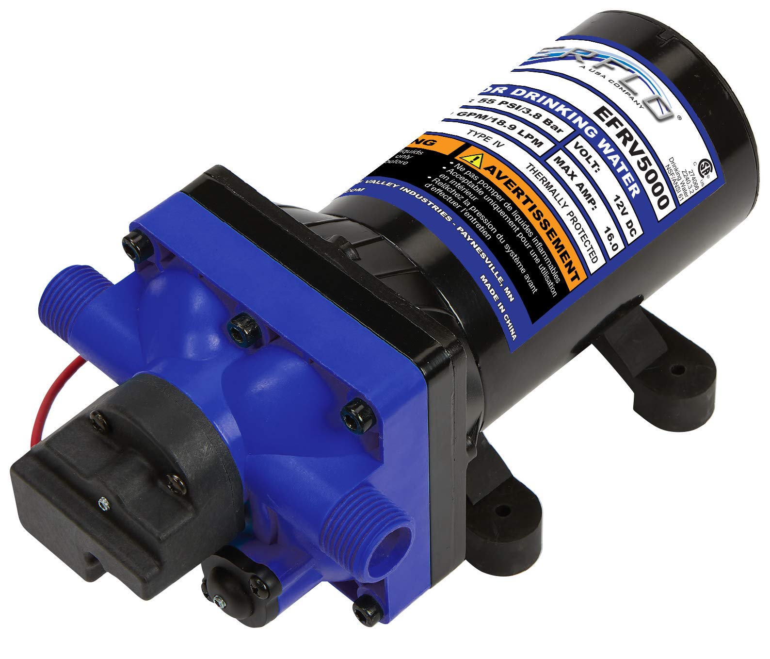 Everflo RV (Fresh Water) EFRV5000-BOX 12V Diaphragm Pump - 5.0GPM, 55 PSI Max, 1/2" NPSM Ports