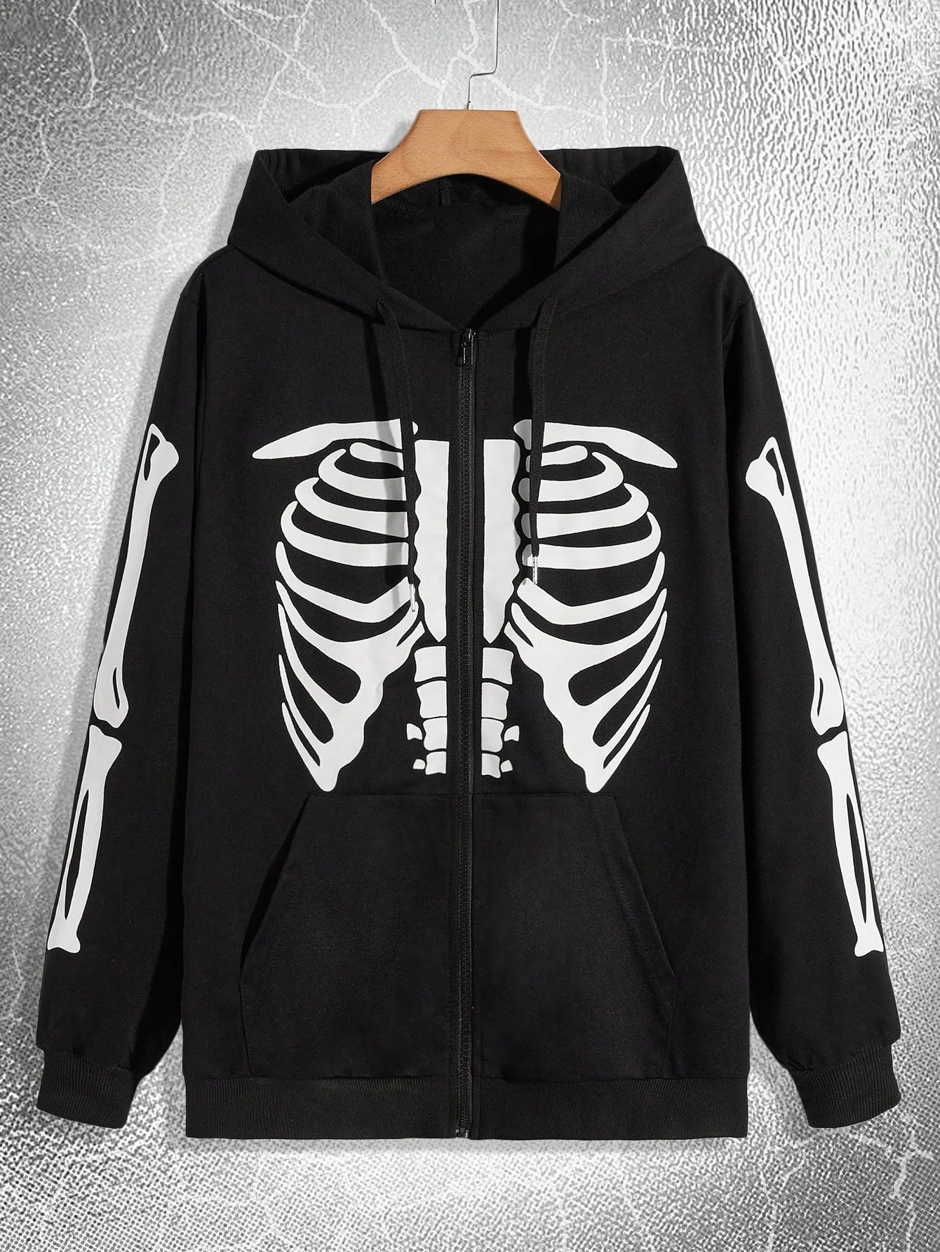 SHENHE Men's Skeleton Hoodie Drawstring Zip Up Graphic Sweatshirt Streetwear Black L