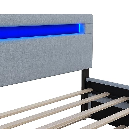 Merax Queen-Size Upholstered Storage Platform Bed with Twin Size Trundle, 2 Drawers, LED and USB Charging, Gray Wood Bed Frame
