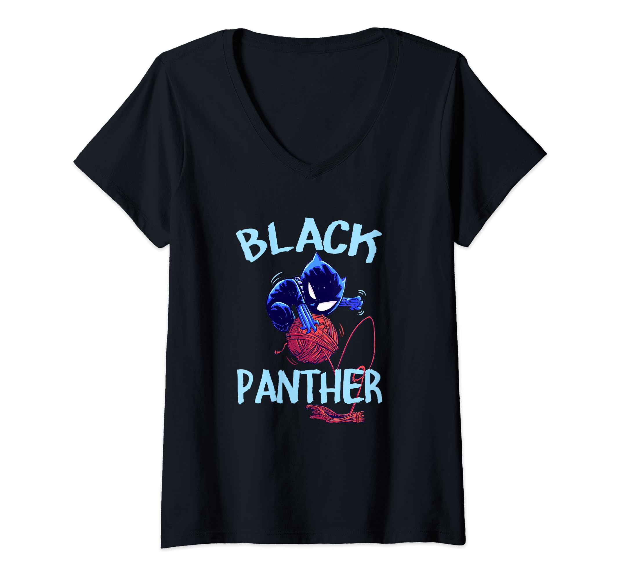 Marvel Comics Retro Classic Chibi Black Panther Yarn Ball V-Neck T-Shirt