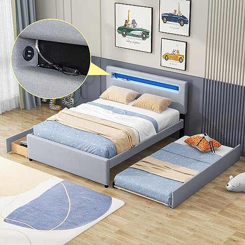 Merax Queen-Size Upholstered Storage Platform Bed with Twin Size Trundle, 2 Drawers, LED and USB Charging, Gray Wood Bed Frame