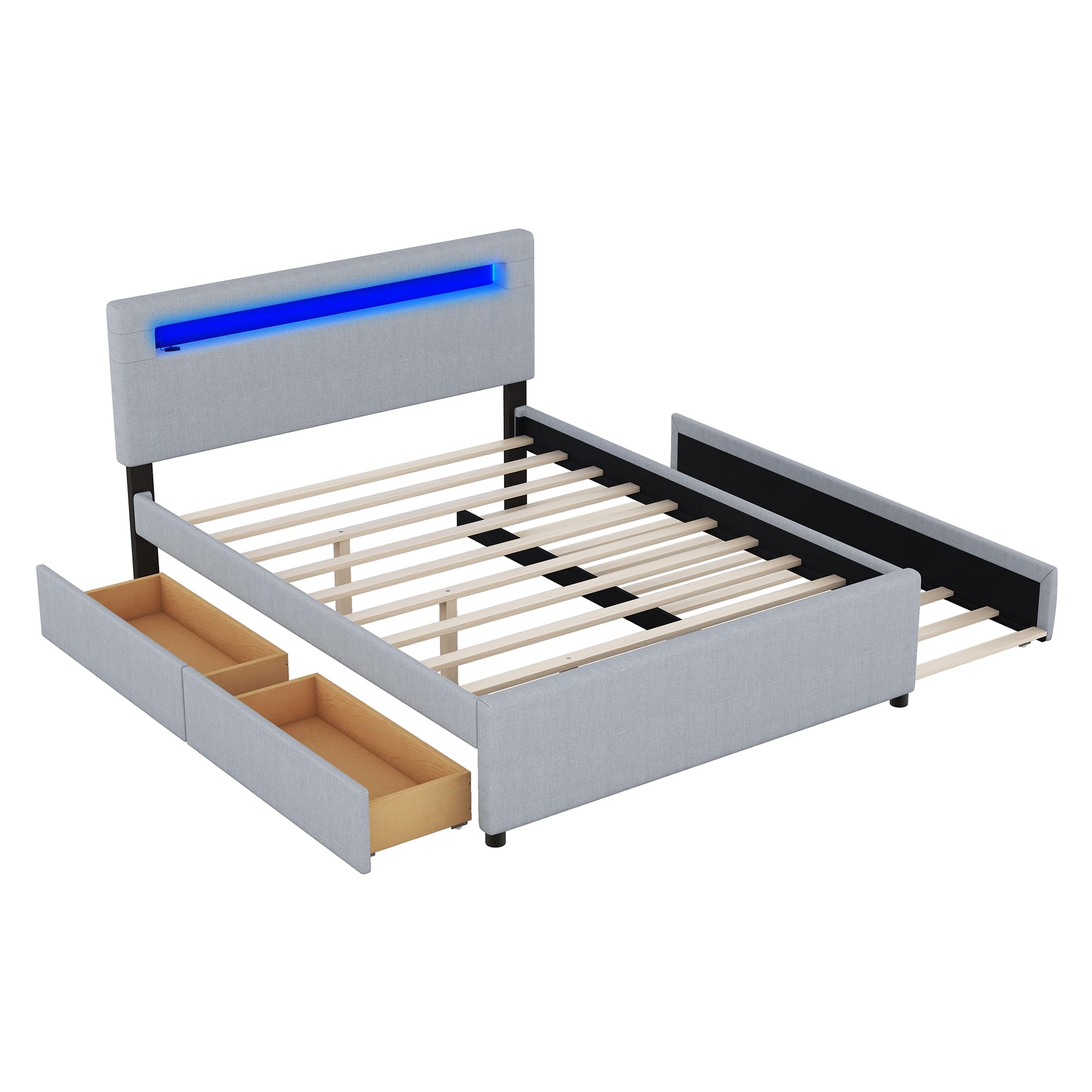 HAWWHOME Queen Size Upholstered Platform Bed with 2 Storage Drawers and Twin Trundle, LED Lights and USB Charging, Linen Queen Bed Frame with Headboard and Wood Slat Support, Gray