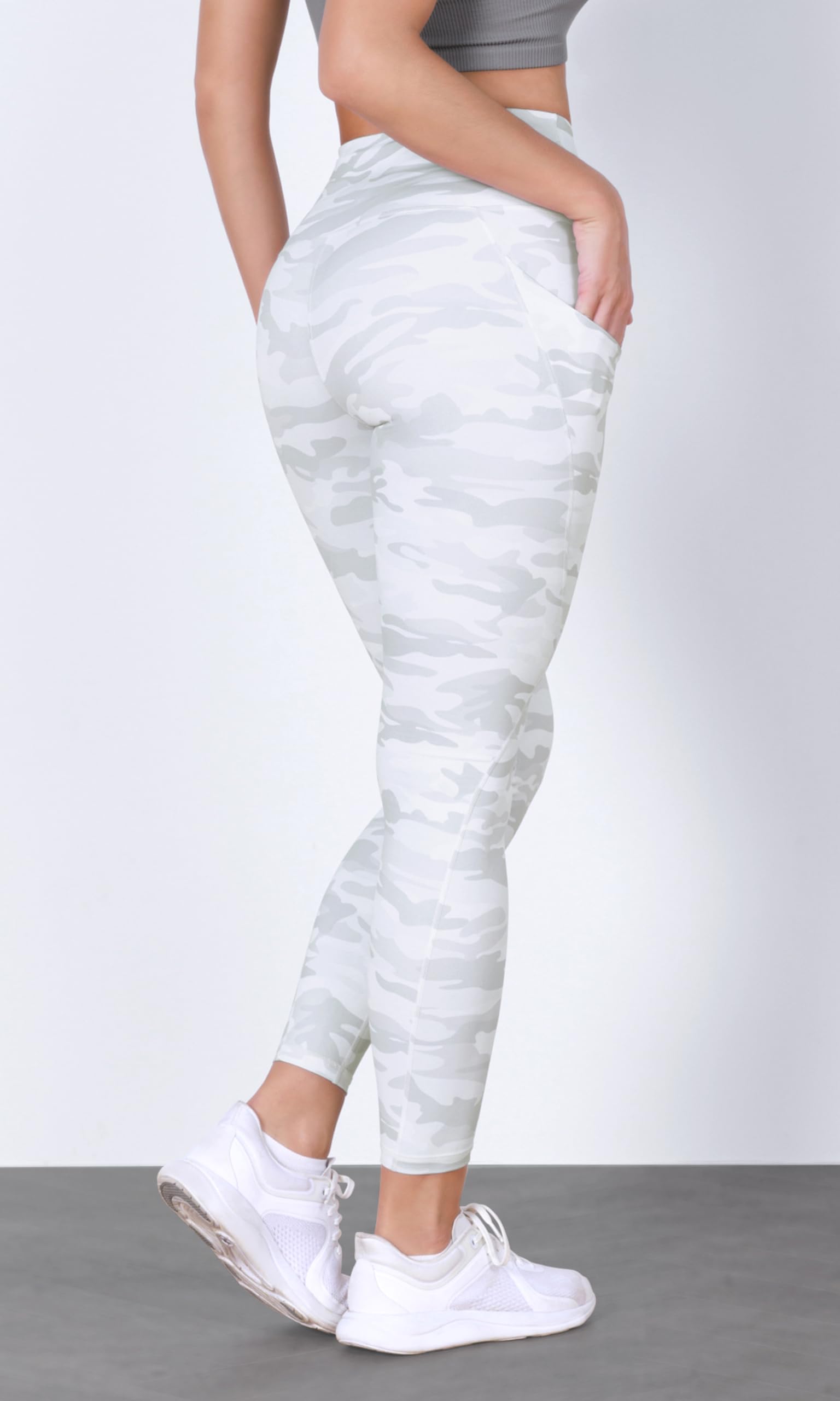 ODODOS Women's High Waisted 7/8 Yoga Leggings with Pockets, 25" Inseam Tummy Control Non See Through Workout Athletic Running Yoga Pants, White Camo, Medium