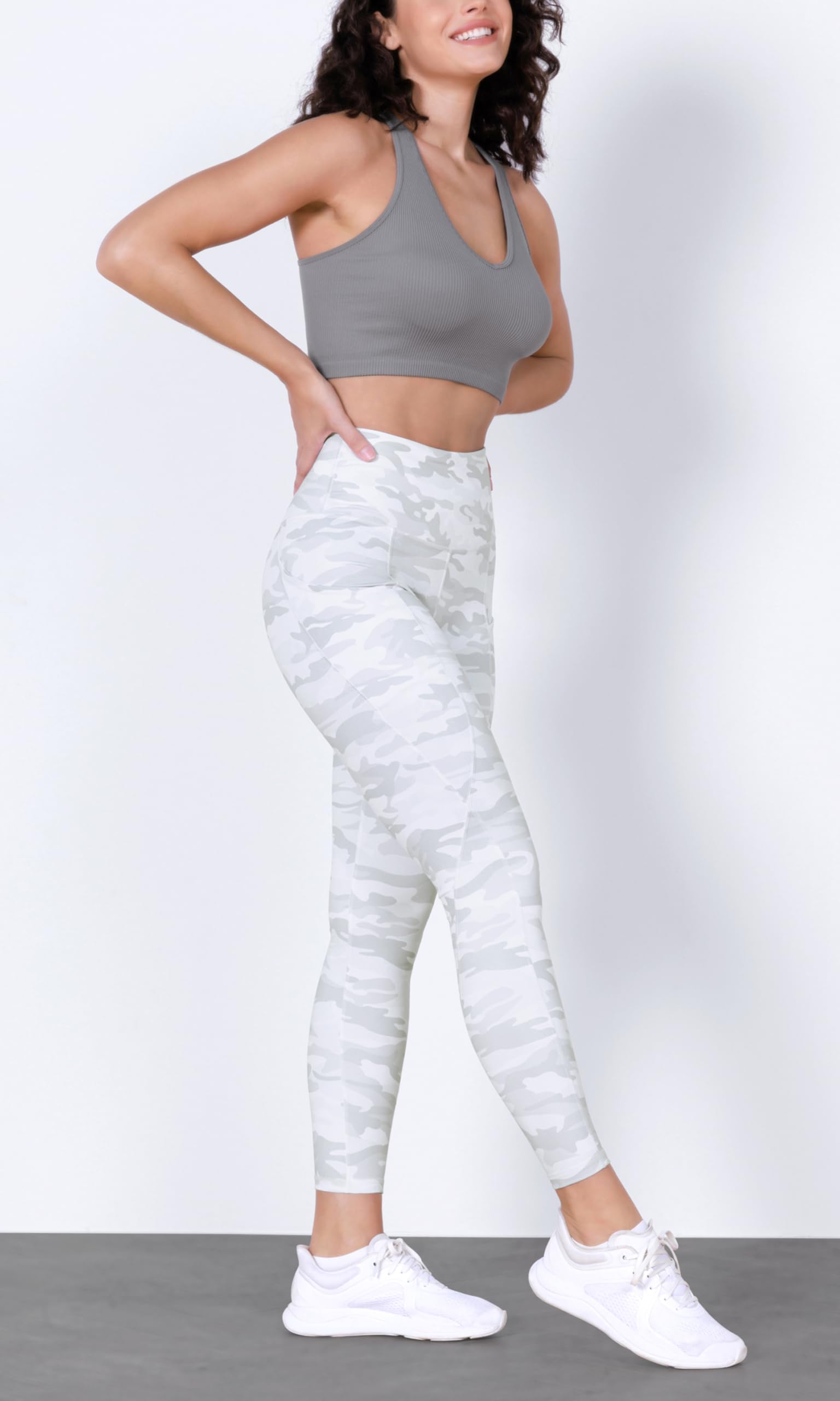 ODODOS Women's High Waisted 7/8 Yoga Leggings with Pockets, 25" Inseam Tummy Control Non See Through Workout Athletic Running Yoga Pants, White Camo, Medium