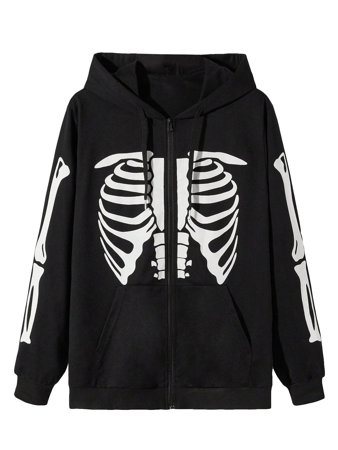 SHENHE Men's Skeleton Hoodie Drawstring Zip Up Graphic Sweatshirt Streetwear Black L