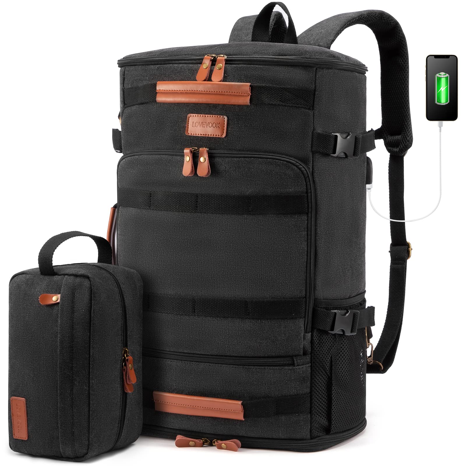 LOVEVOOK Travel Backpack,Vintage Canvas Rucksack Convertible Duffel Bag with Shoe Compartment for Men Women, 40L Carry On Backpack For Outdoor Camping Hiking Fits 17.3 Inch Laptop, Black