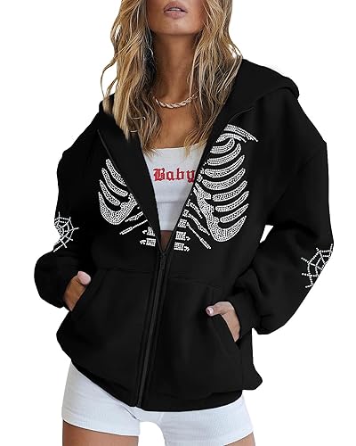 MOUSYA Women’s Skeleton Oversized Zip Up Hoodie Y2k Skull Sweashirt Rhinestone Graphic Hoodies Fall Long Sleeve Pullover Tops Black
