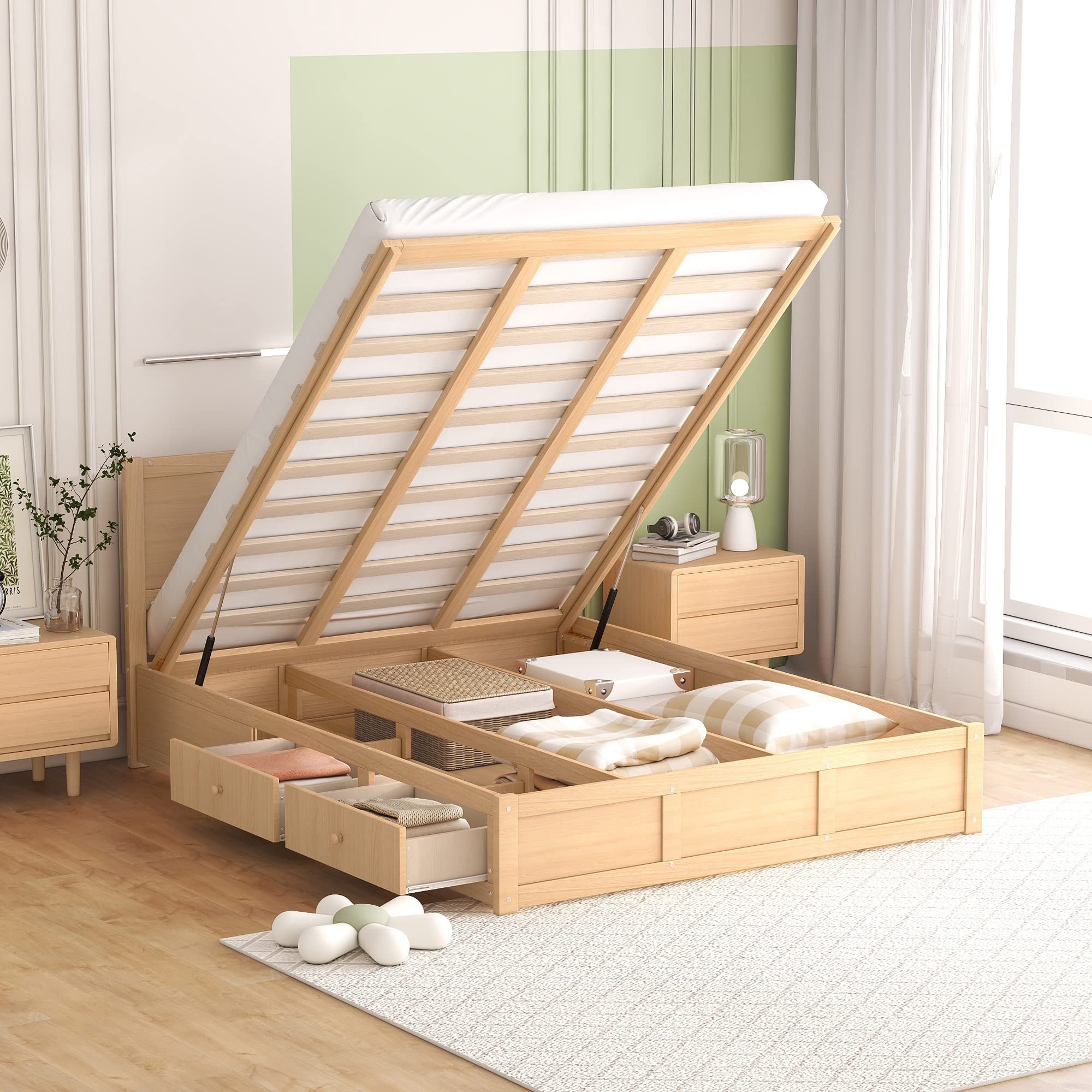 Bellemave Queen Wood Platform Bed Frame with Headboard, Underneath Storage and 2 Drawers, No Box Spring Needed, Easy Assembly, Natural Wood Color