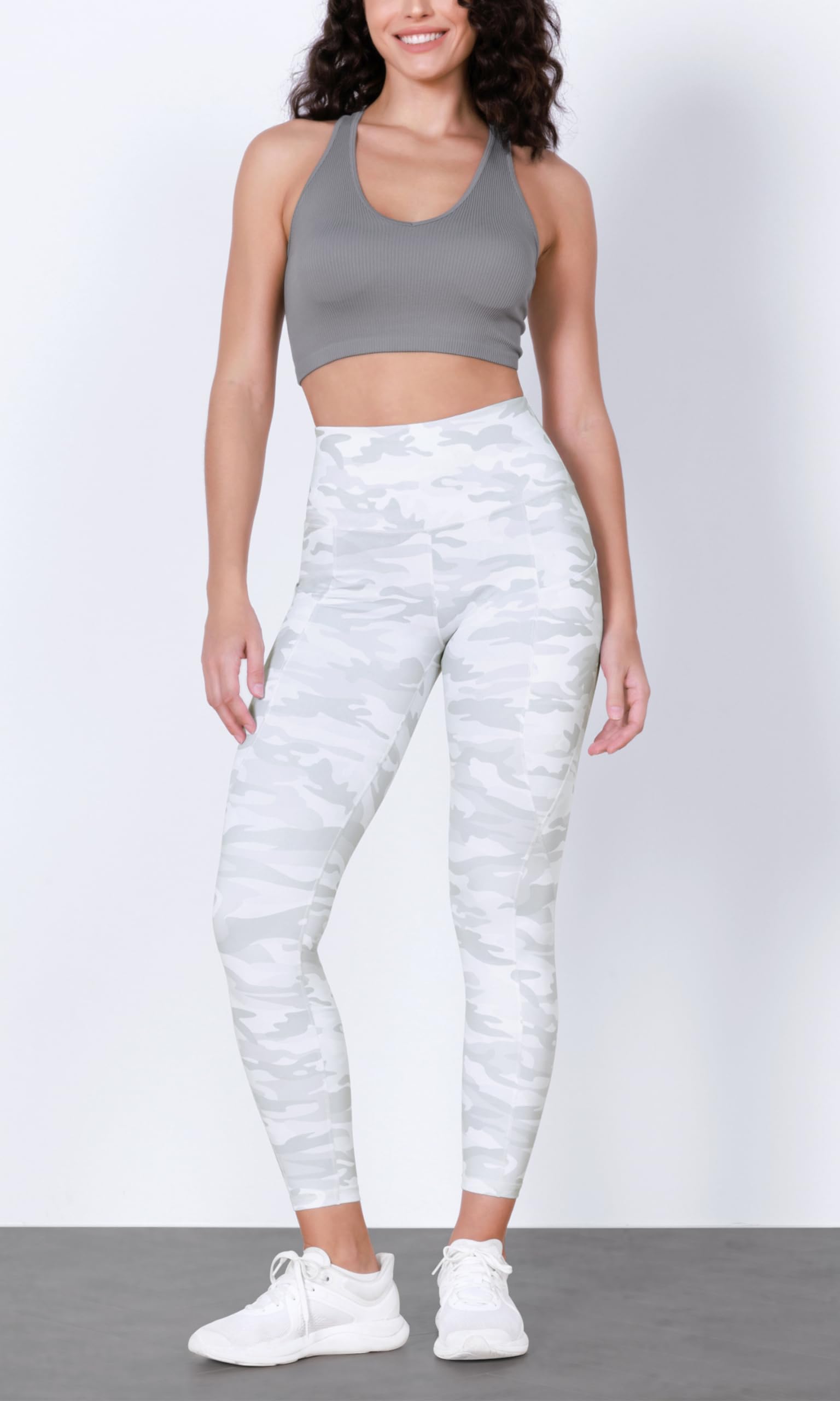 ODODOS Women's High Waisted 7/8 Yoga Leggings with Pockets, 25" Inseam Tummy Control Non See Through Workout Athletic Running Yoga Pants, White Camo, Medium