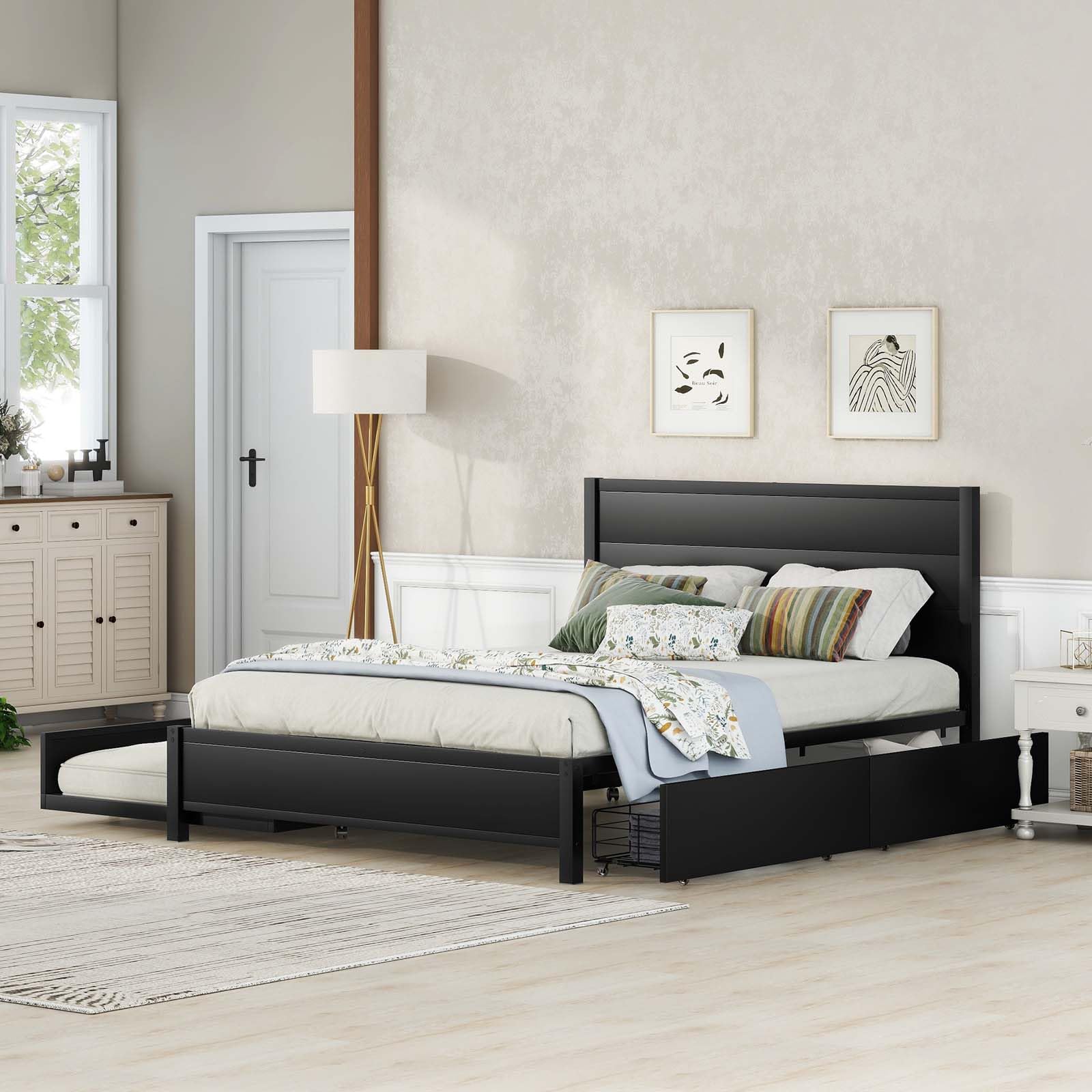 Queen Size Metal Platform Bed Frame with 2 Storage Drawers and a Twin Size Trundle, Storage Platform Bed with Tufted Headboard for Kids/Teen/Adults, Noise-Free, No Box Spring Needed (Queen)