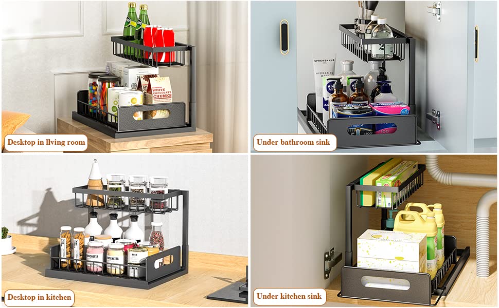 Under Sink Organizers and Storage Pull Out Cabinet Organizer and Storage Metal 2 Tier Under Sink Drawer Organizer Bottom Drawer Slide Out Under Sink Storage Shelf For Kitchen Bathroom, Black
