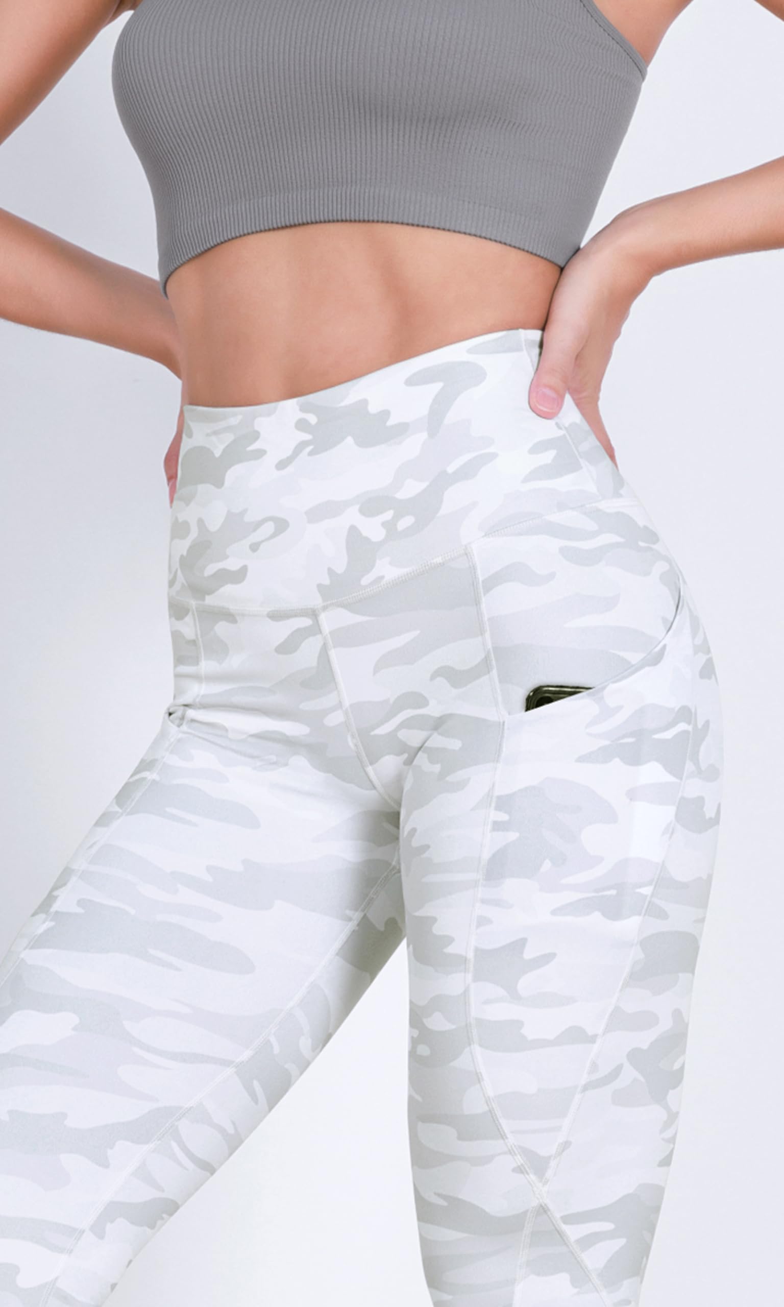 ODODOS Women's High Waisted 7/8 Yoga Leggings with Pockets, 25" Inseam Tummy Control Non See Through Workout Athletic Running Yoga Pants, White Camo, Medium