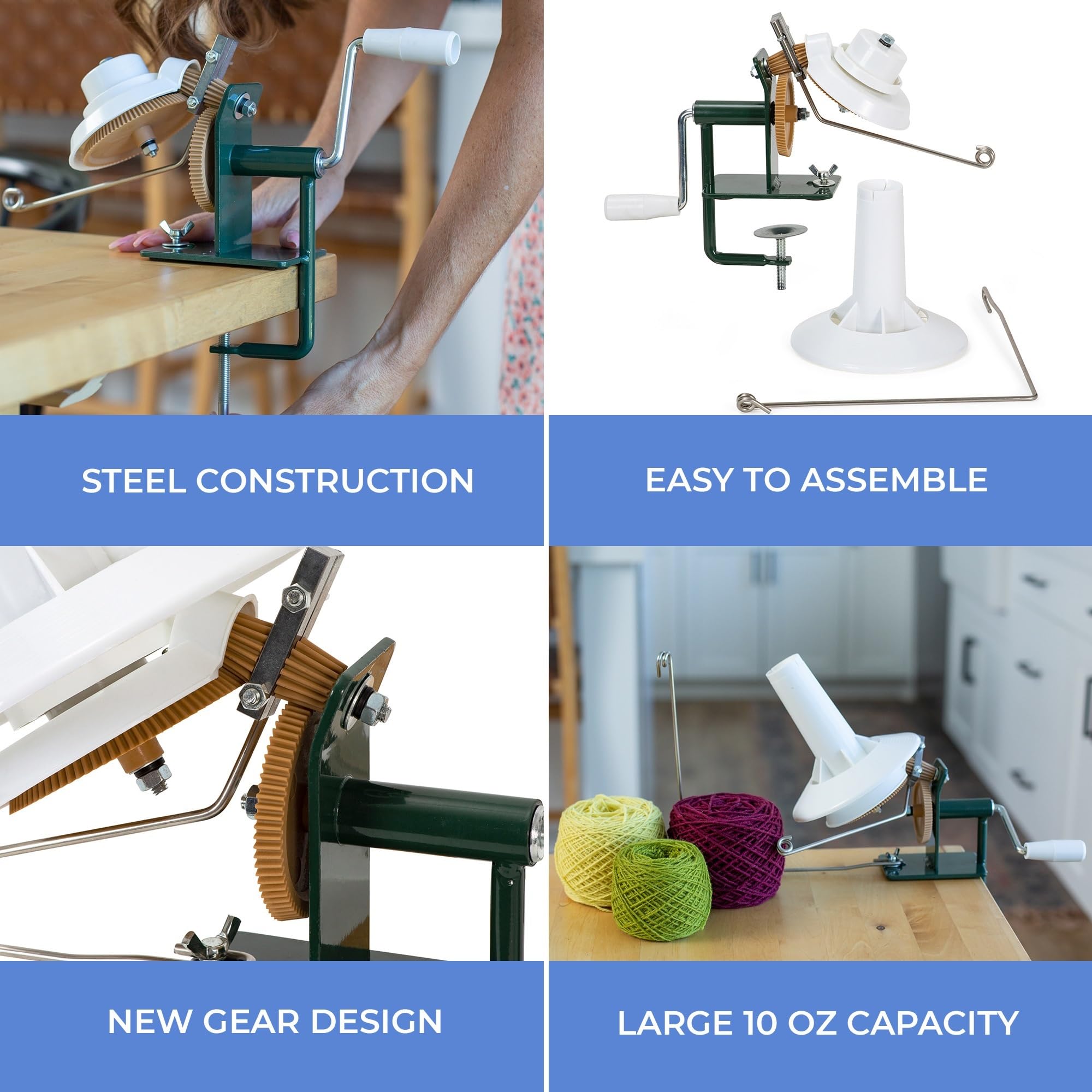 Metal Hand Operated Yarn Winder for Crocheting - Best Heavy Duty Large Yarn Ball Winder 10 Oz Capacity - Quiet Yarn Spinner with Steel Frame, Table Protectors, and Clamp - Easy to Assemble and Use