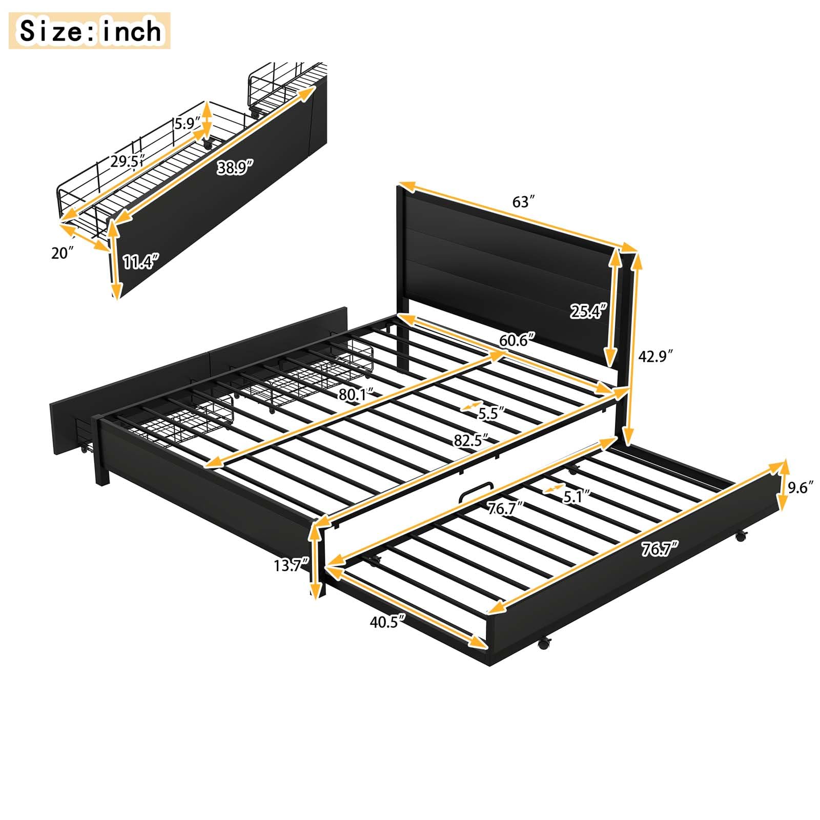 Queen Size Metal Platform Bed Frame with 2 Storage Drawers and a Twin Size Trundle, Storage Platform Bed with Tufted Headboard for Kids/Teen/Adults, Noise-Free, No Box Spring Needed (Queen)