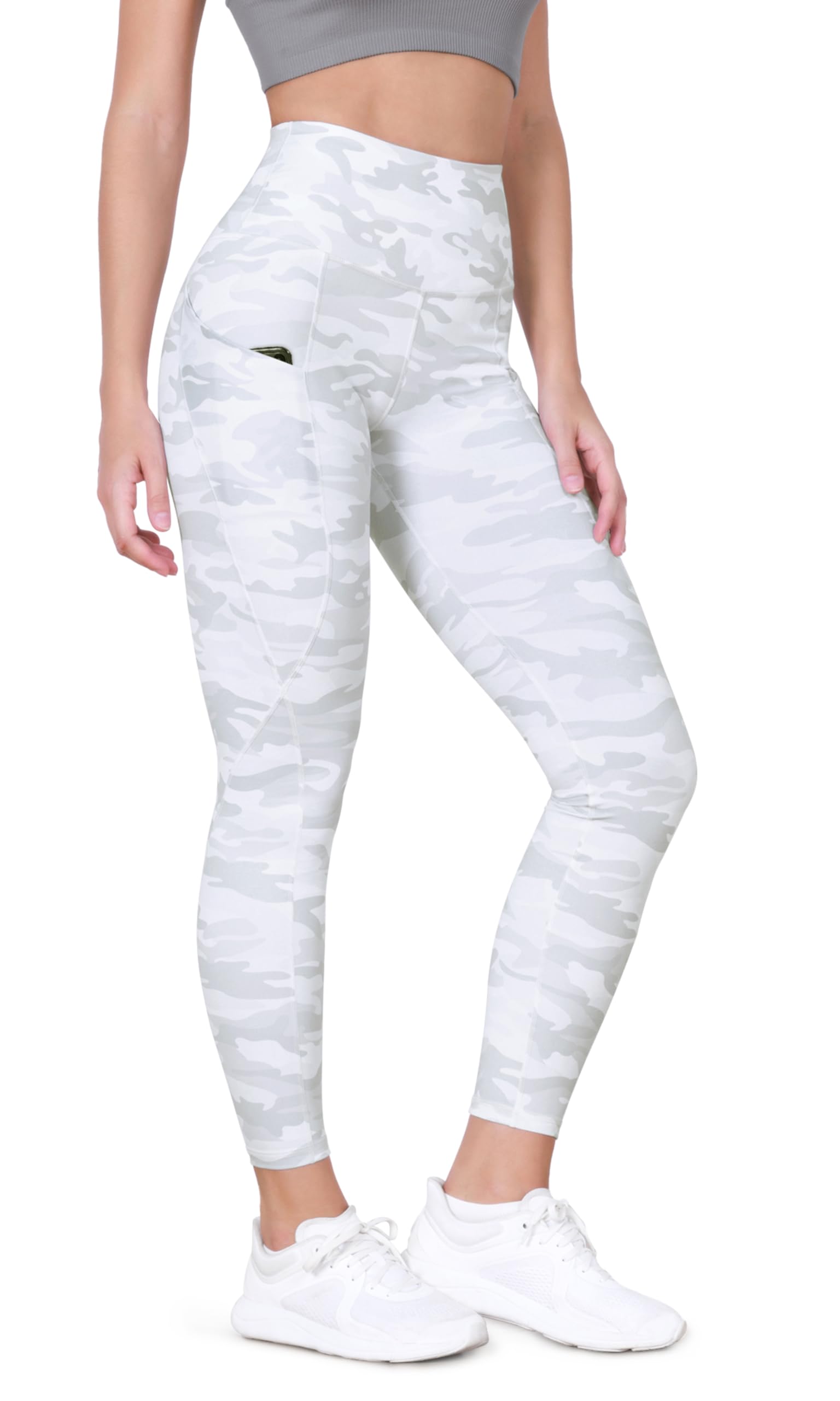 ODODOS Women's High Waisted 7/8 Yoga Leggings with Pockets, 25" Inseam Tummy Control Non See Through Workout Athletic Running Yoga Pants, White Camo, Medium