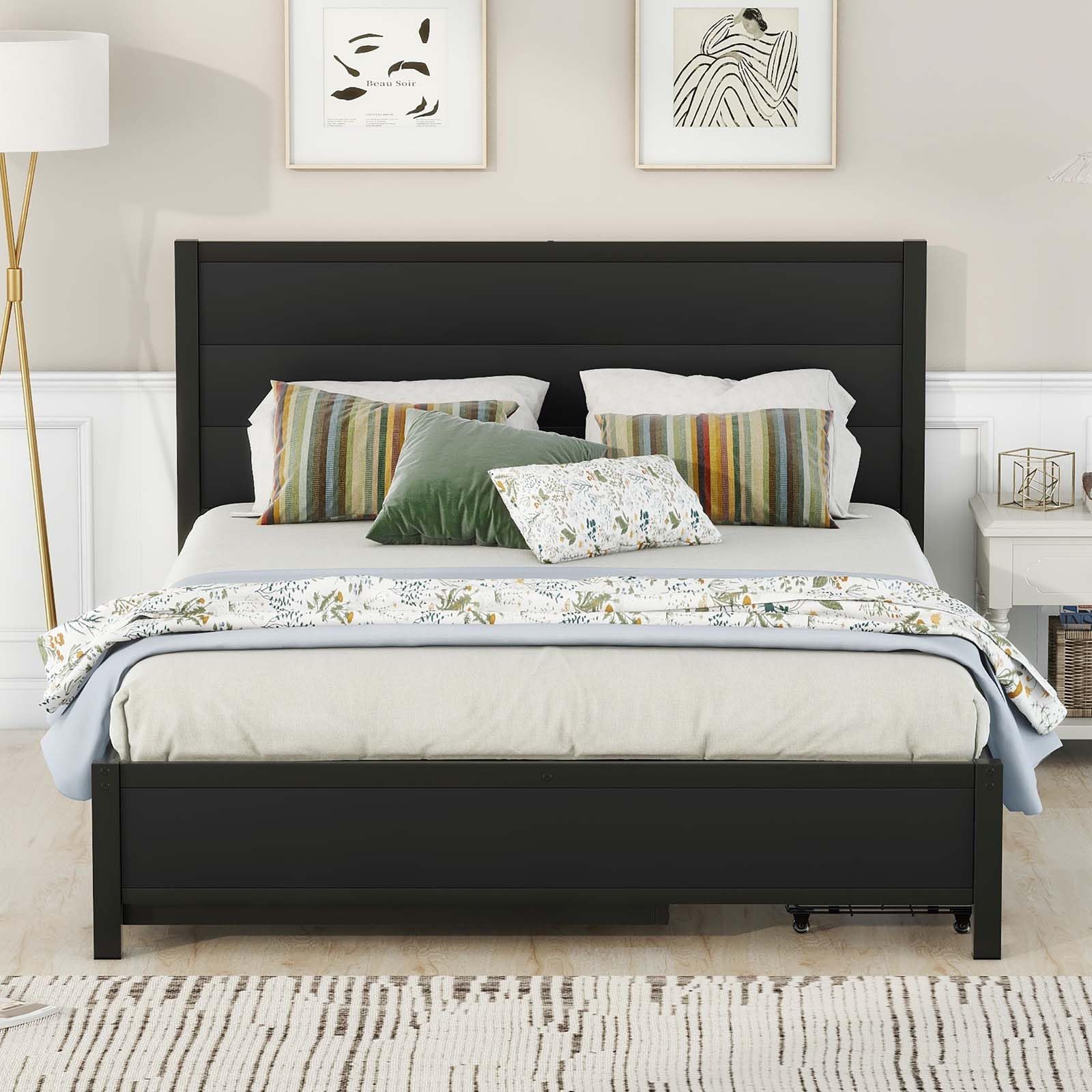 Queen Size Metal Platform Bed Frame with 2 Storage Drawers and a Twin Size Trundle, Storage Platform Bed with Tufted Headboard for Kids/Teen/Adults, Noise-Free, No Box Spring Needed (Queen)