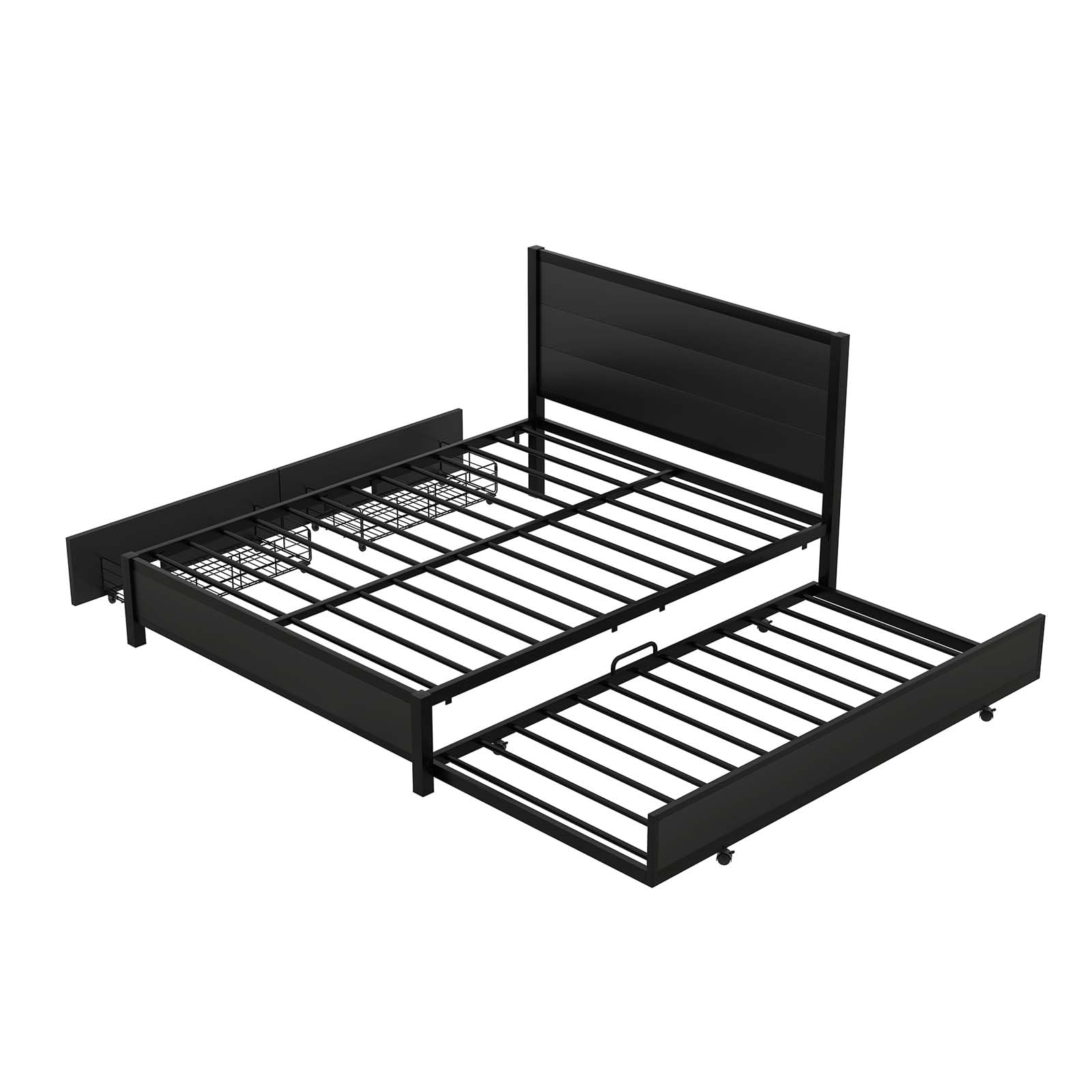 Queen Size Metal Platform Bed Frame with 2 Storage Drawers and a Twin Size Trundle, Storage Platform Bed with Tufted Headboard for Kids/Teen/Adults, Noise-Free, No Box Spring Needed (Queen)