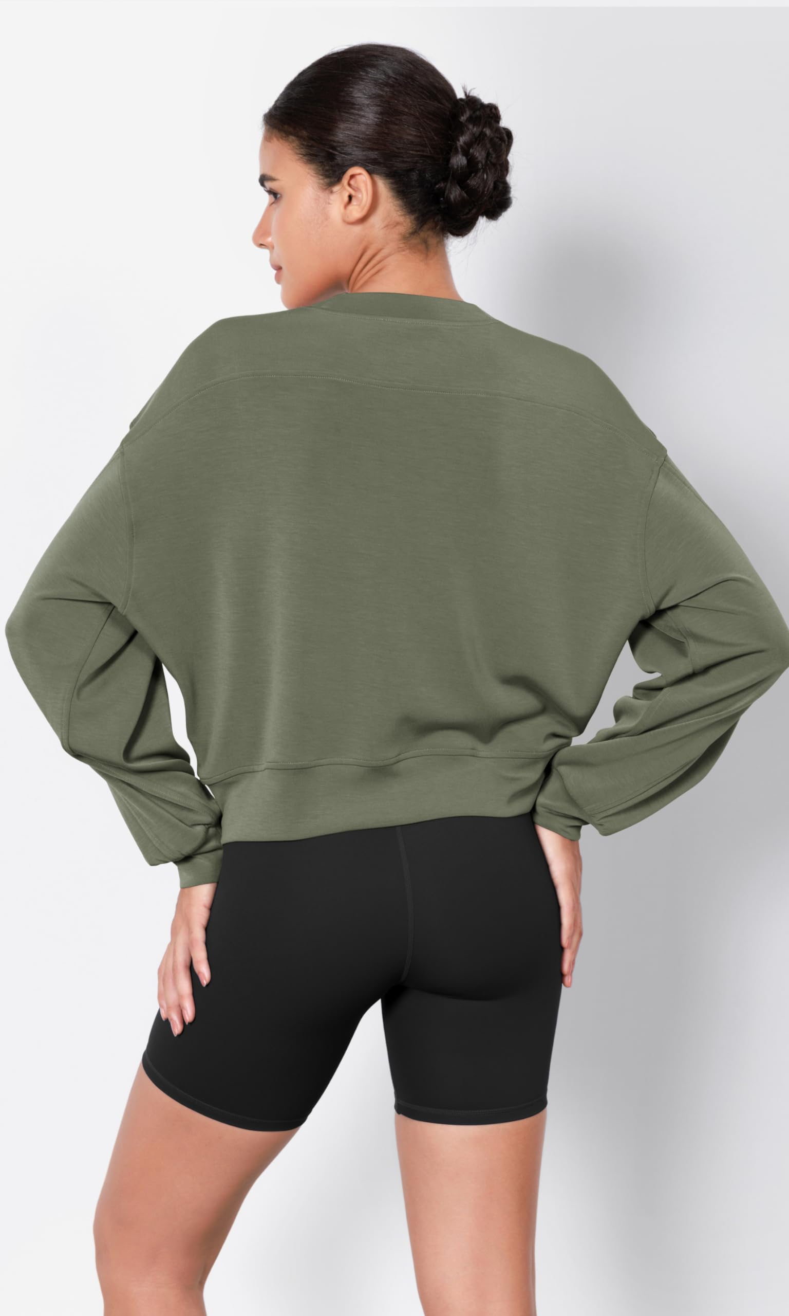 ODODOS Modal Soft Long Sleeve Cropped Sweatshirts for Women Oversized Crew Neck Pullover Crop Top, Dark Sage, Large