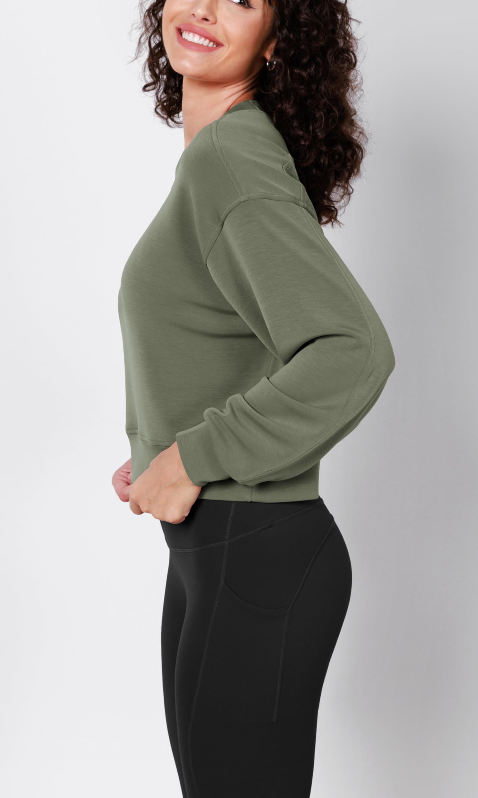 ODODOS Modal Soft Long Sleeve Cropped Sweatshirts for Women Oversized Crew Neck Pullover Crop Top, Dark Sage, Large