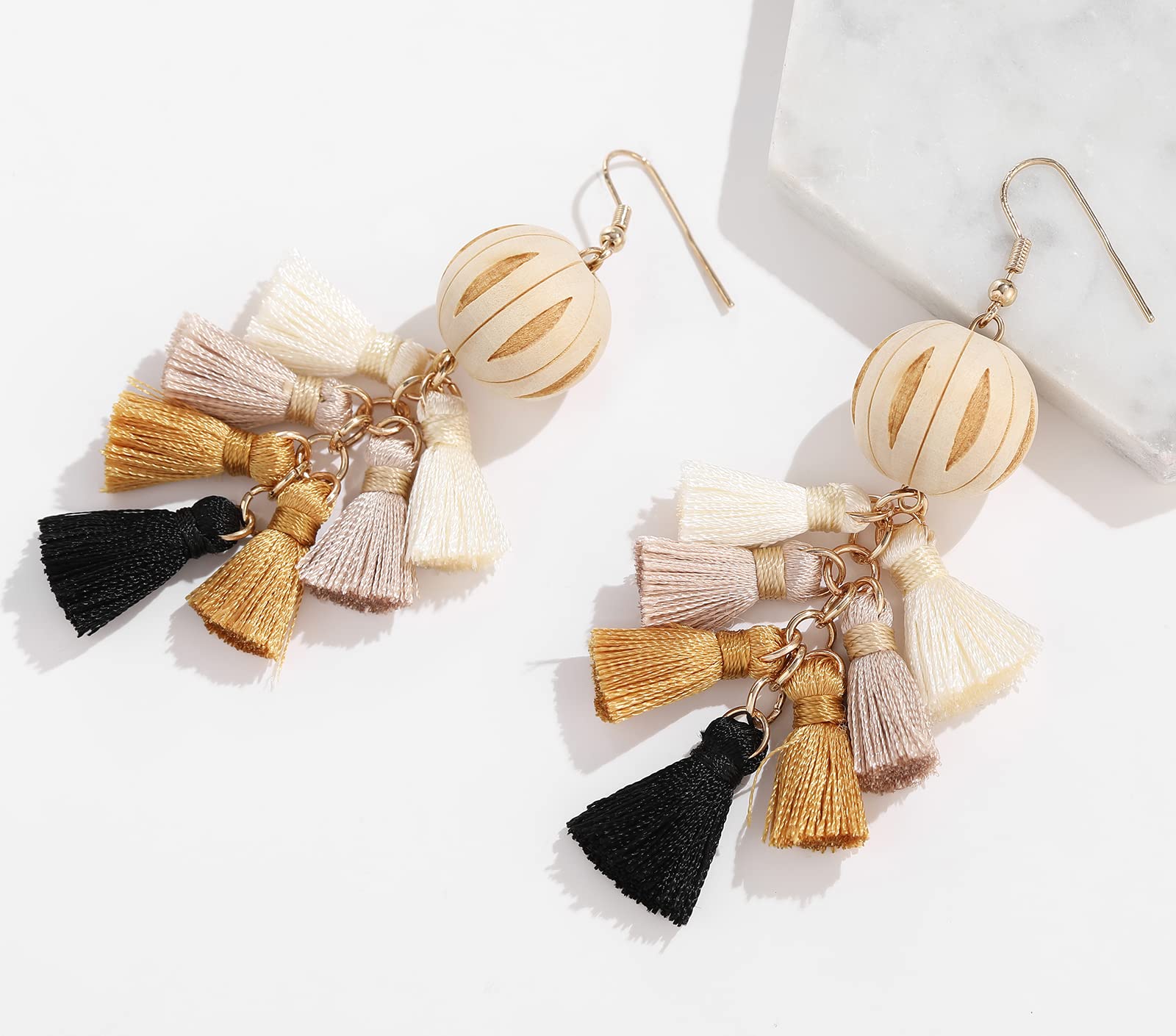 Bohemian Layered Tassel Earrings - Handmade Thread Tassel Dangle Earrings with Wooden ball for Sister, Lover… (Colorful A)