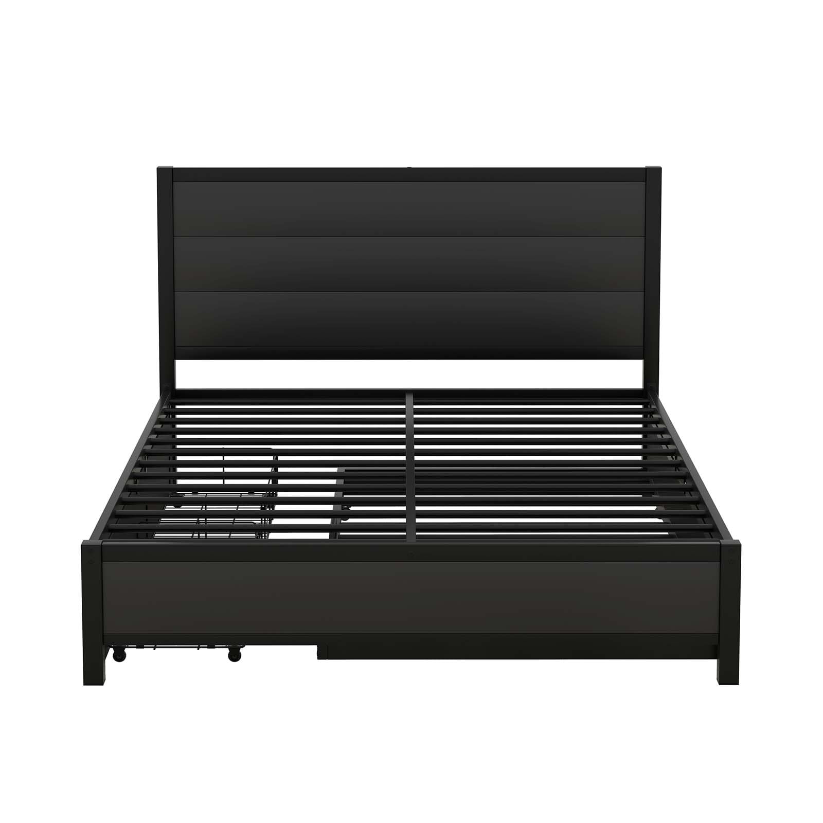 Queen Size Metal Platform Bed Frame with 2 Storage Drawers and a Twin Size Trundle, Storage Platform Bed with Tufted Headboard for Kids/Teen/Adults, Noise-Free, No Box Spring Needed (Queen)