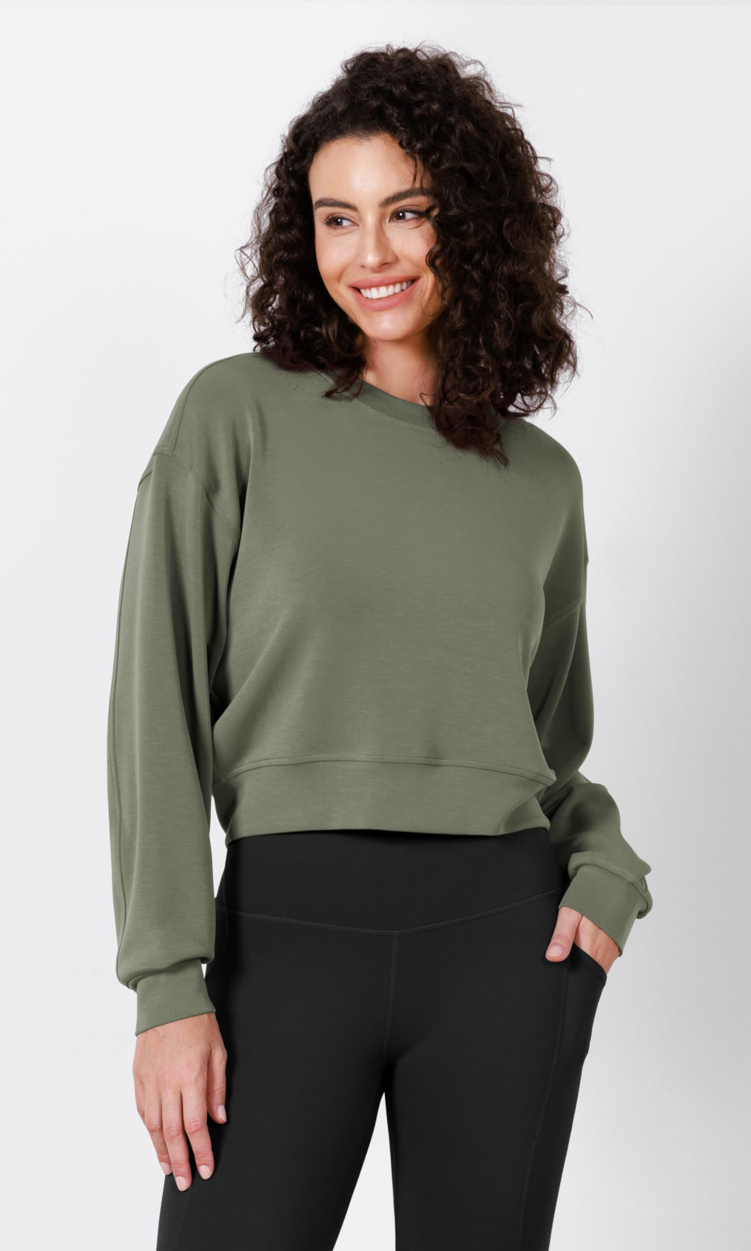 ODODOS Modal Soft Long Sleeve Cropped Sweatshirts for Women Oversized Crew Neck Pullover Crop Top, Dark Sage, Large