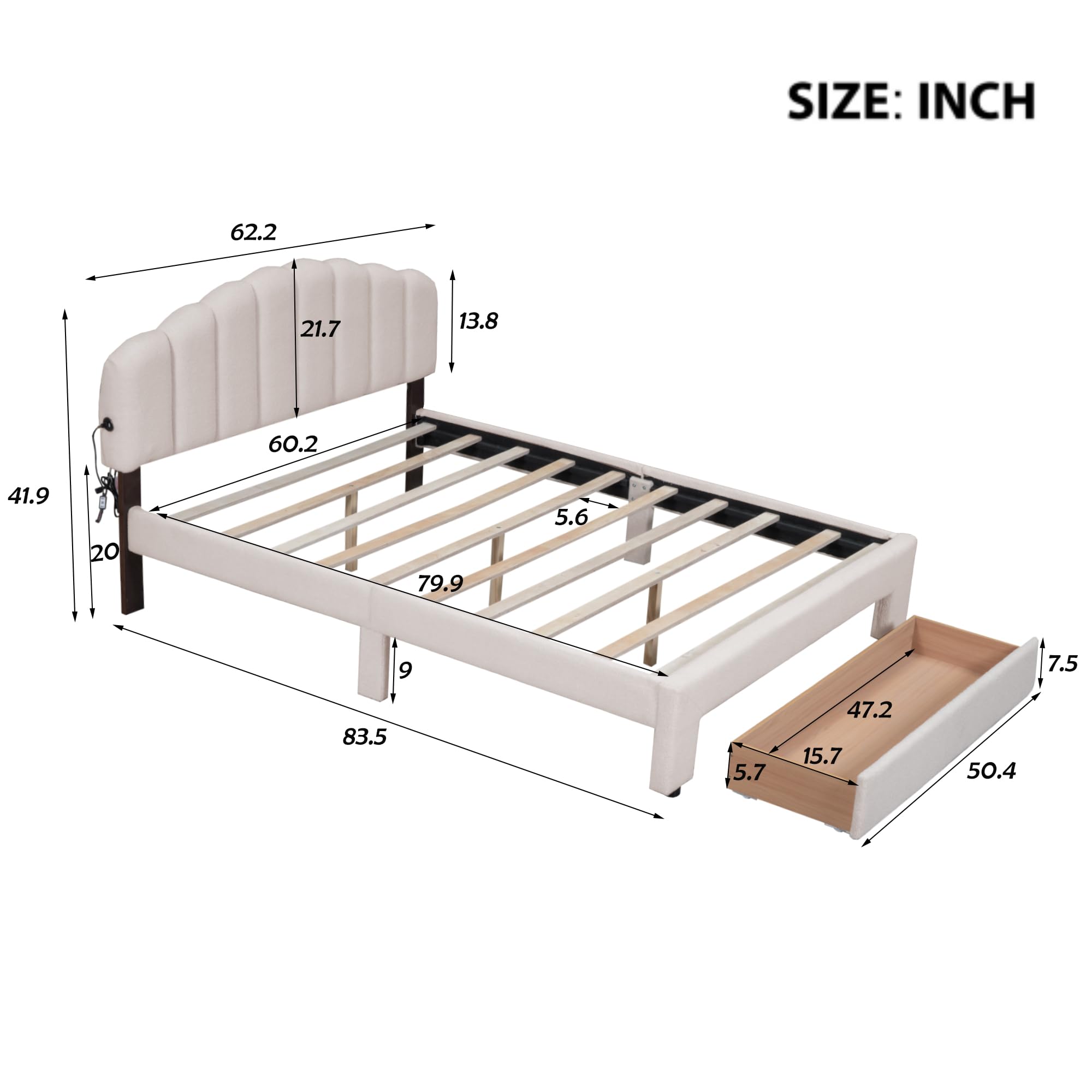 DNYN Upholstered Queen Size Platform Bed with Storage Drawer & USB Port & Led Lights for Kids/Adults,Wooden Bedframe w/Teddy Fleece Fabric,No Box Spring Needed,Perfect for Bedroom,Guest Room, Beige