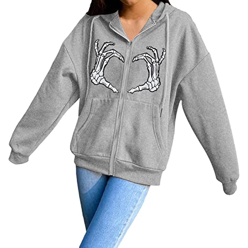 Hoodies for Women Plus Size, Christmas Skeleton Loose Fit Deep V Neck Tops for Women Women's Long Sleeve Crewneck Color Block Pullover Womens Fall Clothes Grey