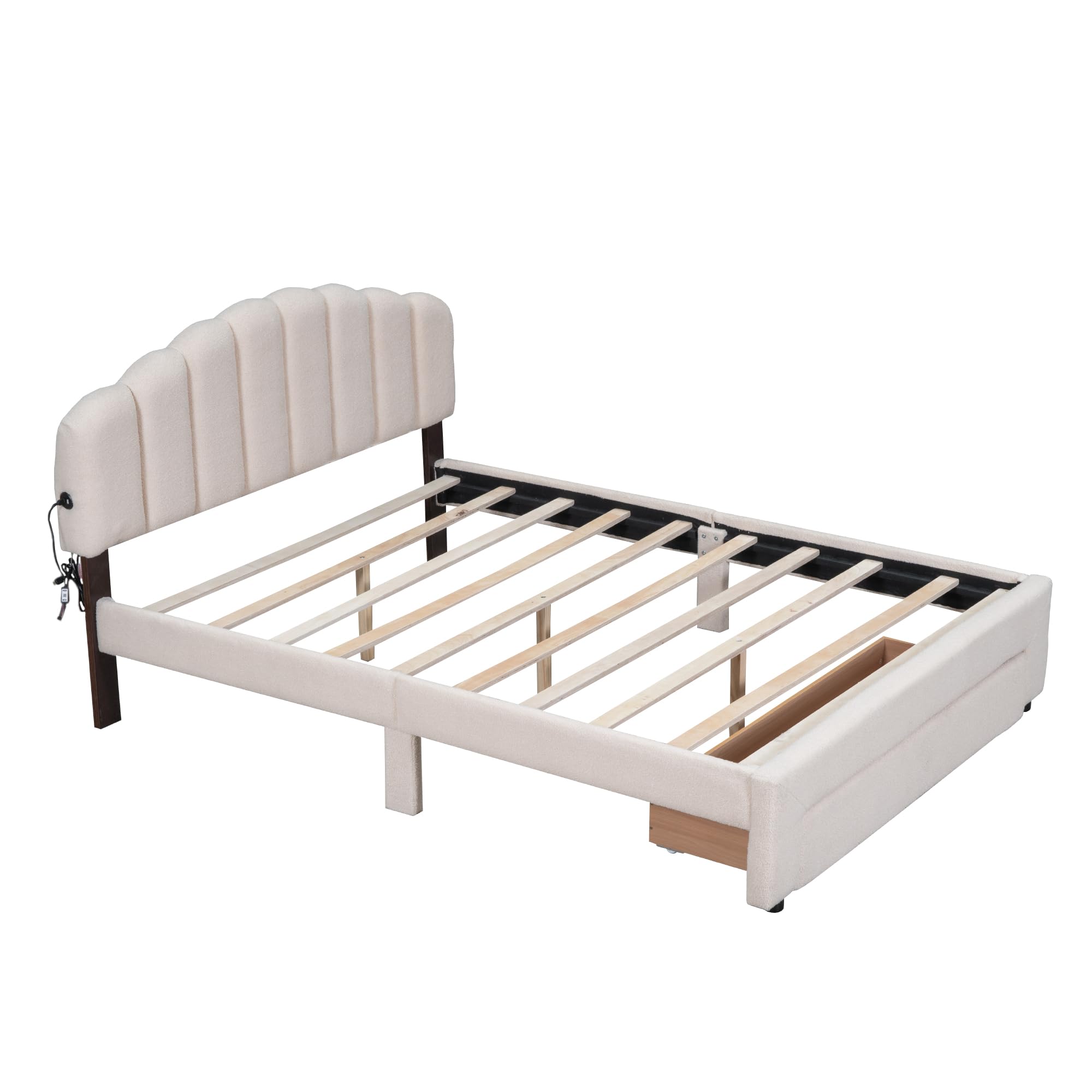 DNYN Upholstered Queen Size Platform Bed with Storage Drawer & USB Port & Led Lights for Kids/Adults,Wooden Bedframe w/Teddy Fleece Fabric,No Box Spring Needed,Perfect for Bedroom,Guest Room, Beige