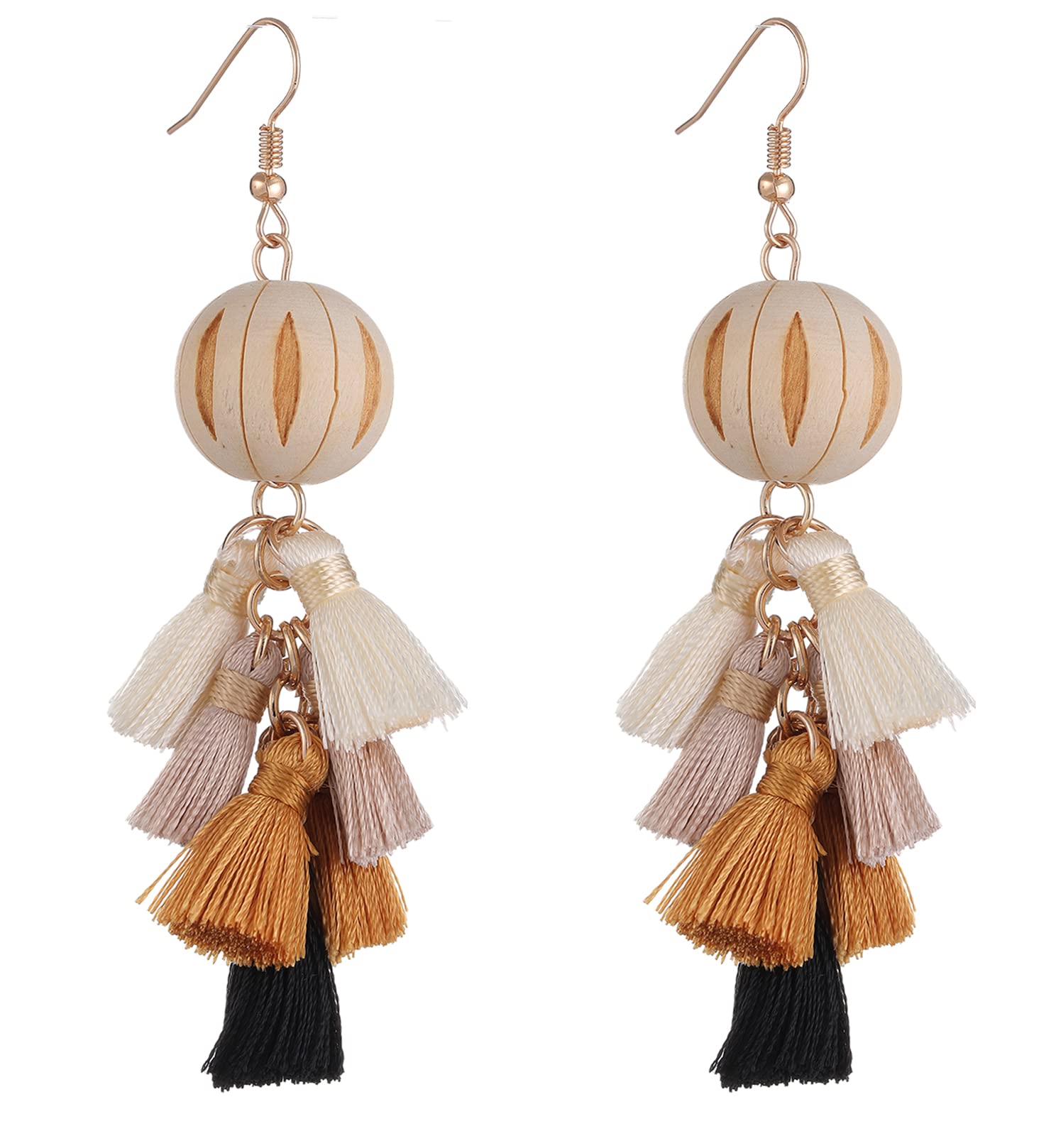 Bohemian Layered Tassel Earrings - Handmade Thread Tassel Dangle Earrings with Wooden ball for Sister, Lover… (Colorful A)