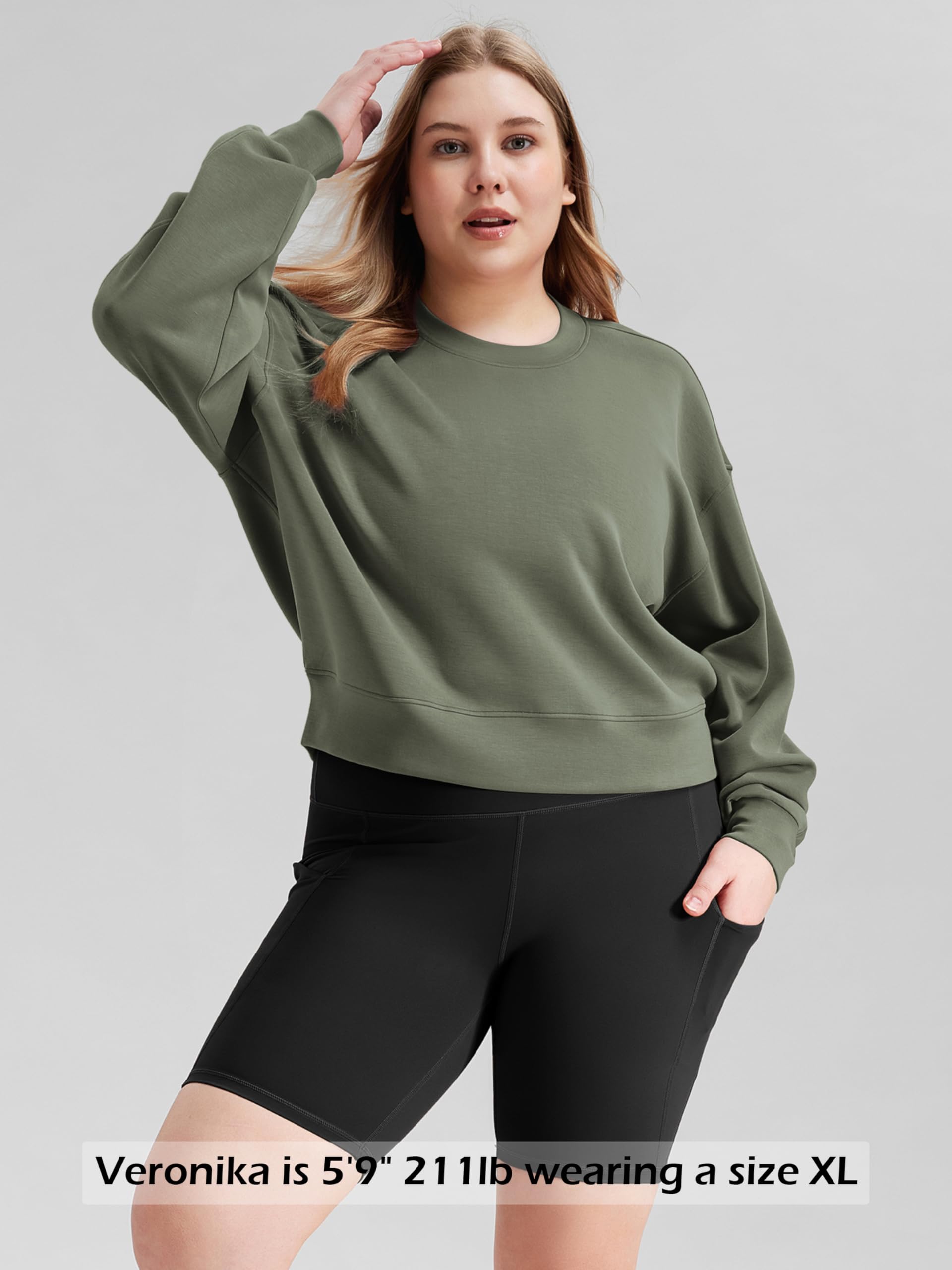 ODODOS Modal Soft Long Sleeve Cropped Sweatshirts for Women Oversized Crew Neck Pullover Crop Top, Dark Sage, Large