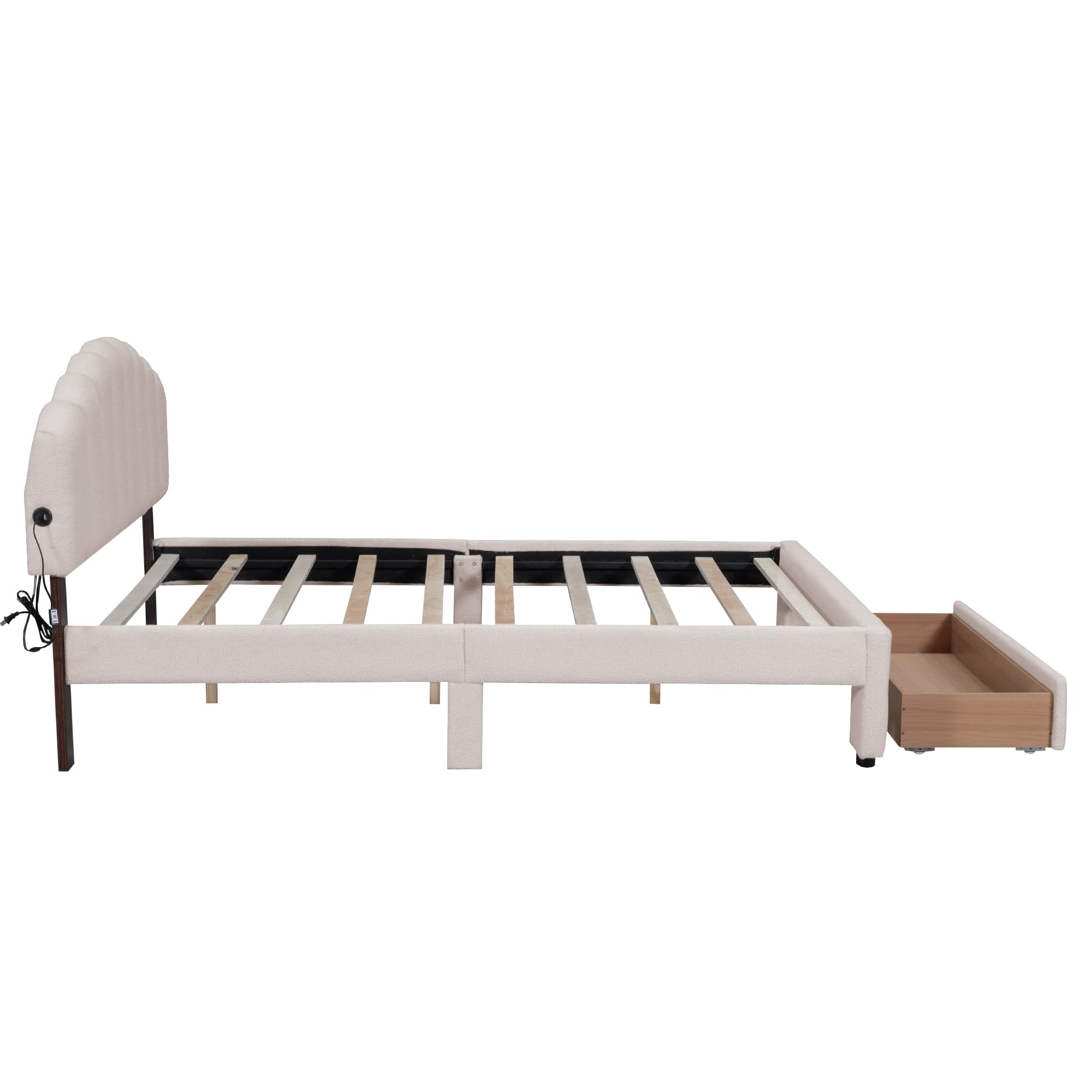 DNYN Upholstered Queen Size Platform Bed with Storage Drawer & USB Port & Led Lights for Kids/Adults,Wooden Bedframe w/Teddy Fleece Fabric,No Box Spring Needed,Perfect for Bedroom,Guest Room, Beige