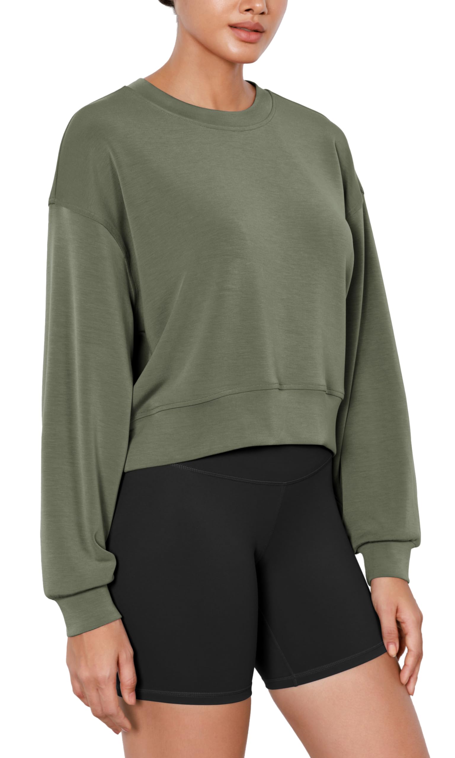 ODODOS Modal Soft Long Sleeve Cropped Sweatshirts for Women Oversized Crew Neck Pullover Crop Top, Dark Sage, Large