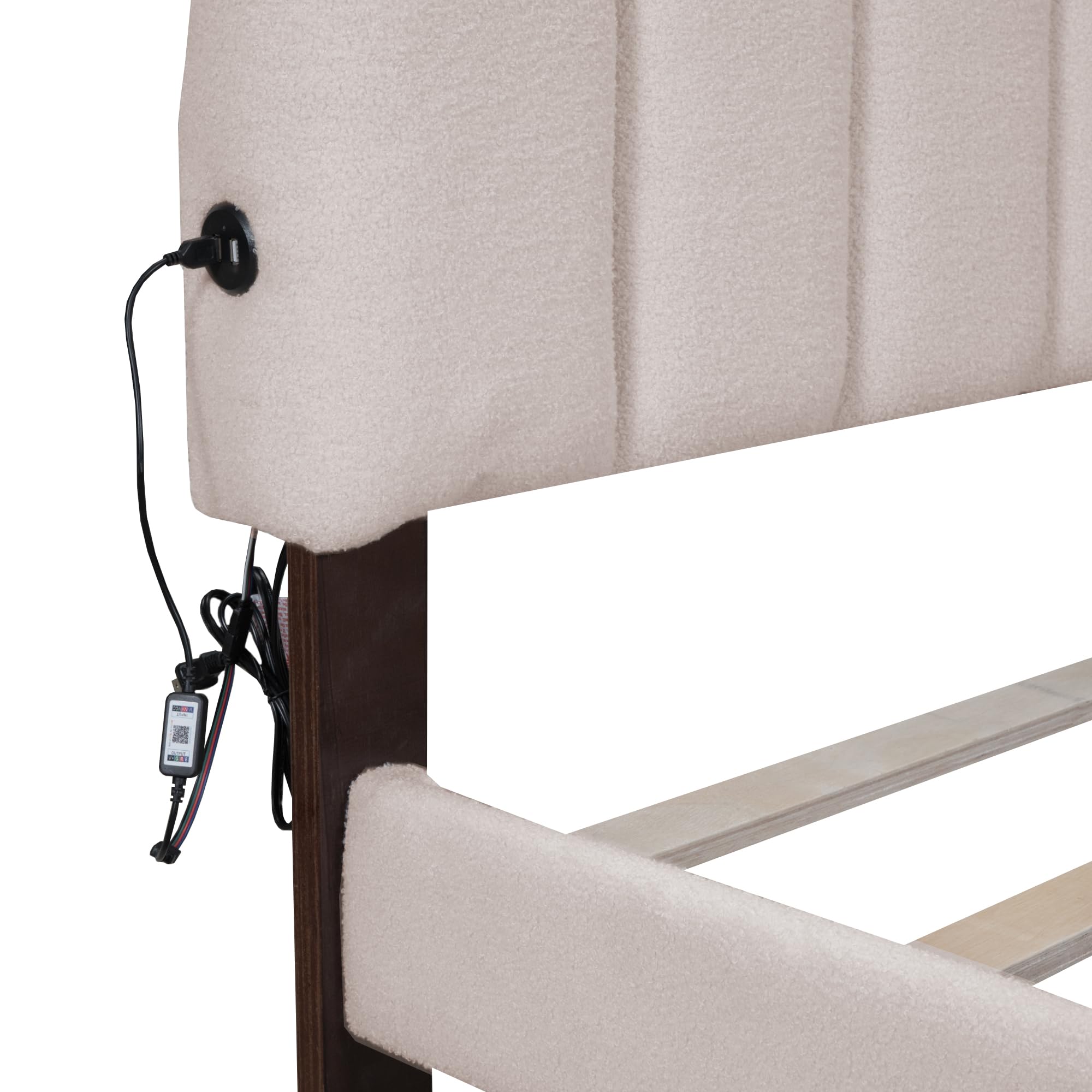 DNYN Upholstered Queen Size Platform Bed with Storage Drawer & USB Port & Led Lights for Kids/Adults,Wooden Bedframe w/Teddy Fleece Fabric,No Box Spring Needed,Perfect for Bedroom,Guest Room, Beige
