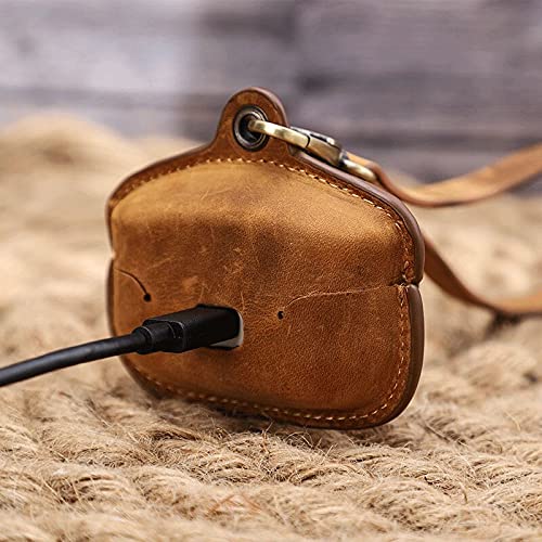 Genuine Leather Case Compatible with Sony WF-1000XM4 True Wireless Earphone Protective Case Crazy Horse Leather Cover with Leather Lanyard (Coffee)