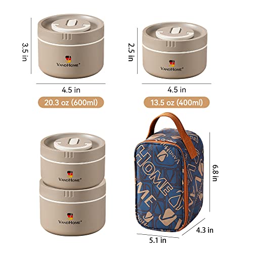 TiLeMiun Portable Insulated Lunch Containers Set, Microwave Safe Thermal Lunch Box For Kids & Aldults, 18/8 Stainless Steel Leakproof Food Container With Bag (Khaki 2Pcs 34oz)