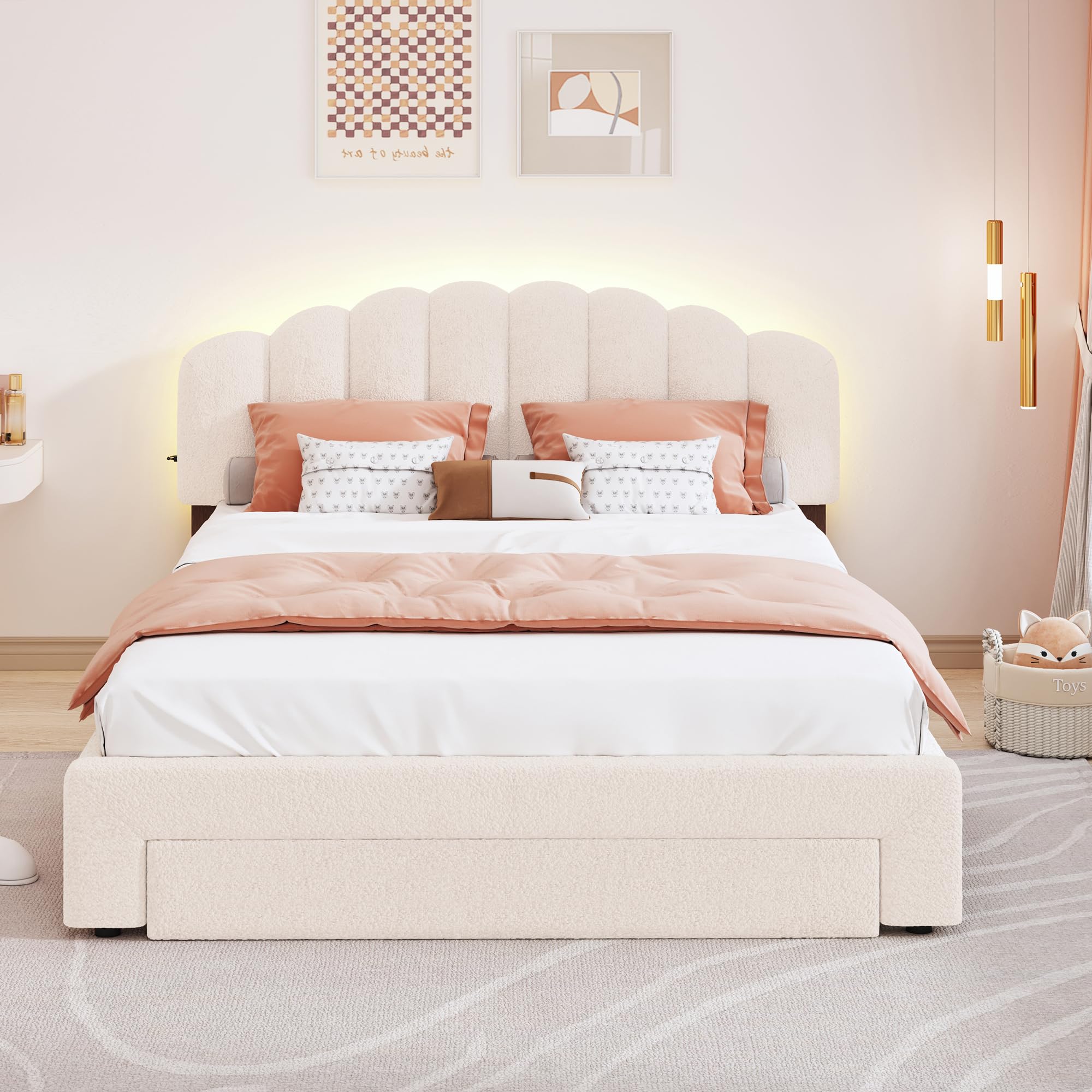 DNYN Upholstered Queen Size Platform Bed with Storage Drawer & USB Port & Led Lights for Kids/Adults,Wooden Bedframe w/Teddy Fleece Fabric,No Box Spring Needed,Perfect for Bedroom,Guest Room, Beige