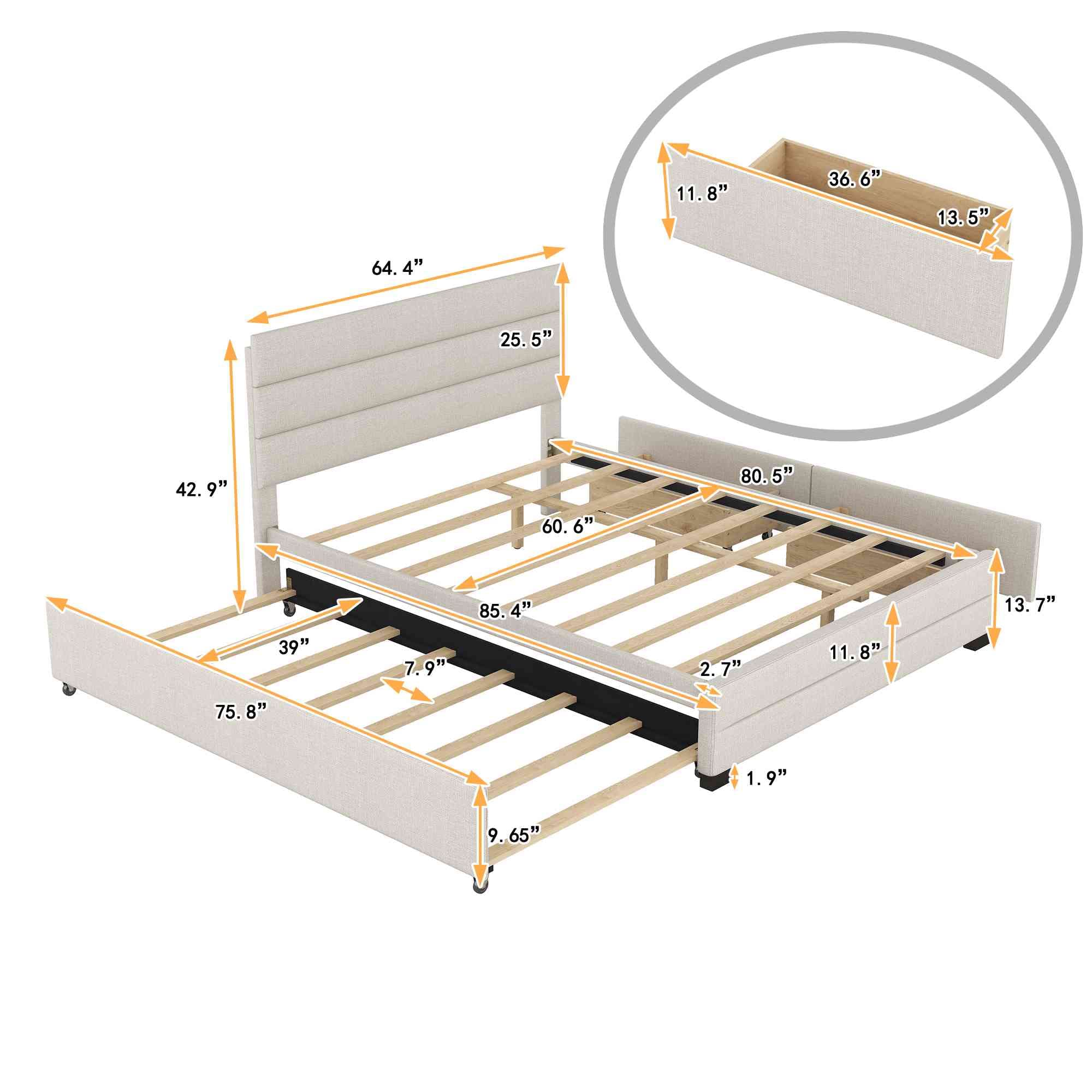 ATY Queen Size Platform Bed with Trundle & 2 Drawers, Upholstered Bedframe w/Headboard, for Bedroom, Guestroom, Livingroom, Save Space & Easy Assemble, Beige