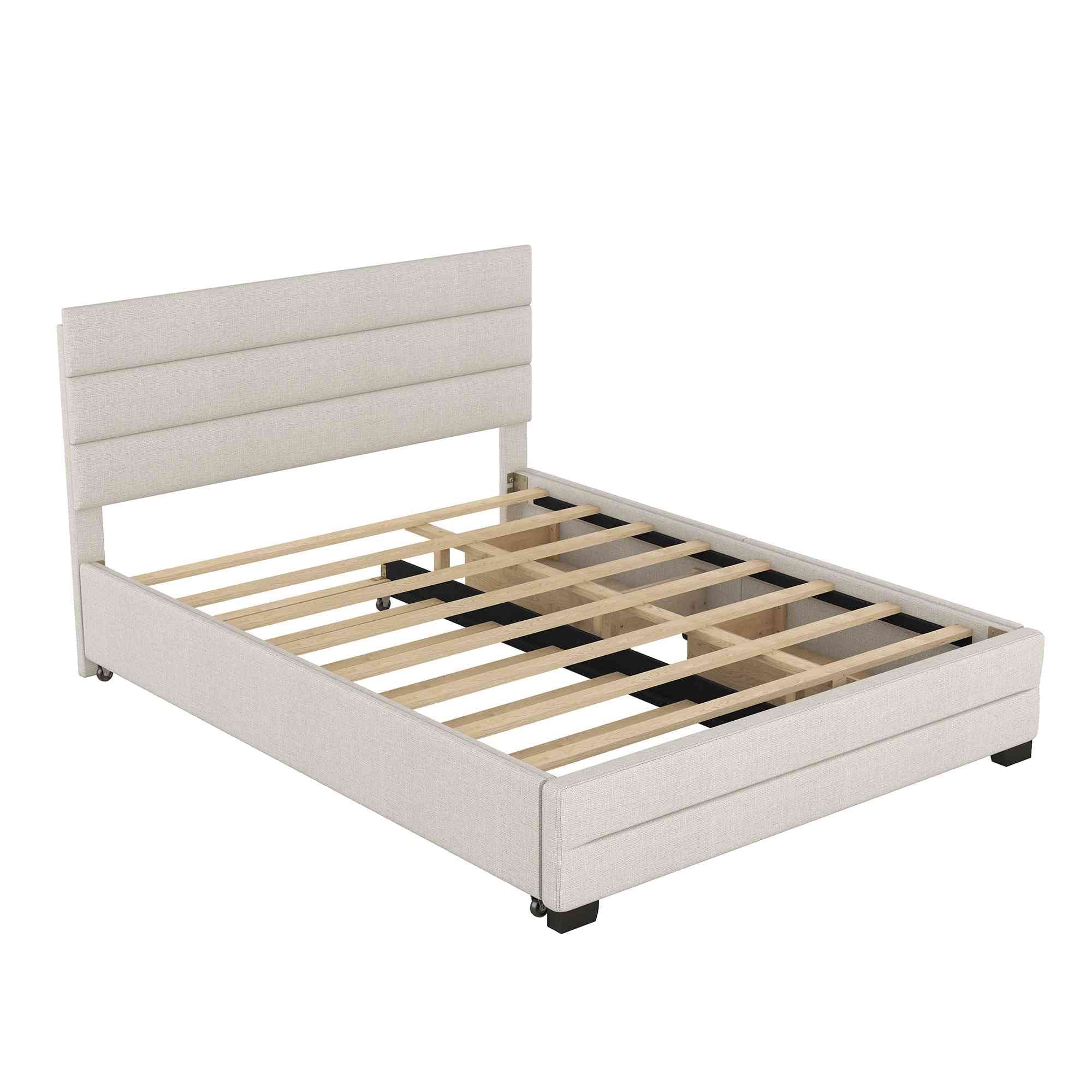 ATY Queen Size Platform Bed with Trundle & 2 Drawers, Upholstered Bedframe w/Headboard, for Bedroom, Guestroom, Livingroom, Save Space & Easy Assemble, Beige
