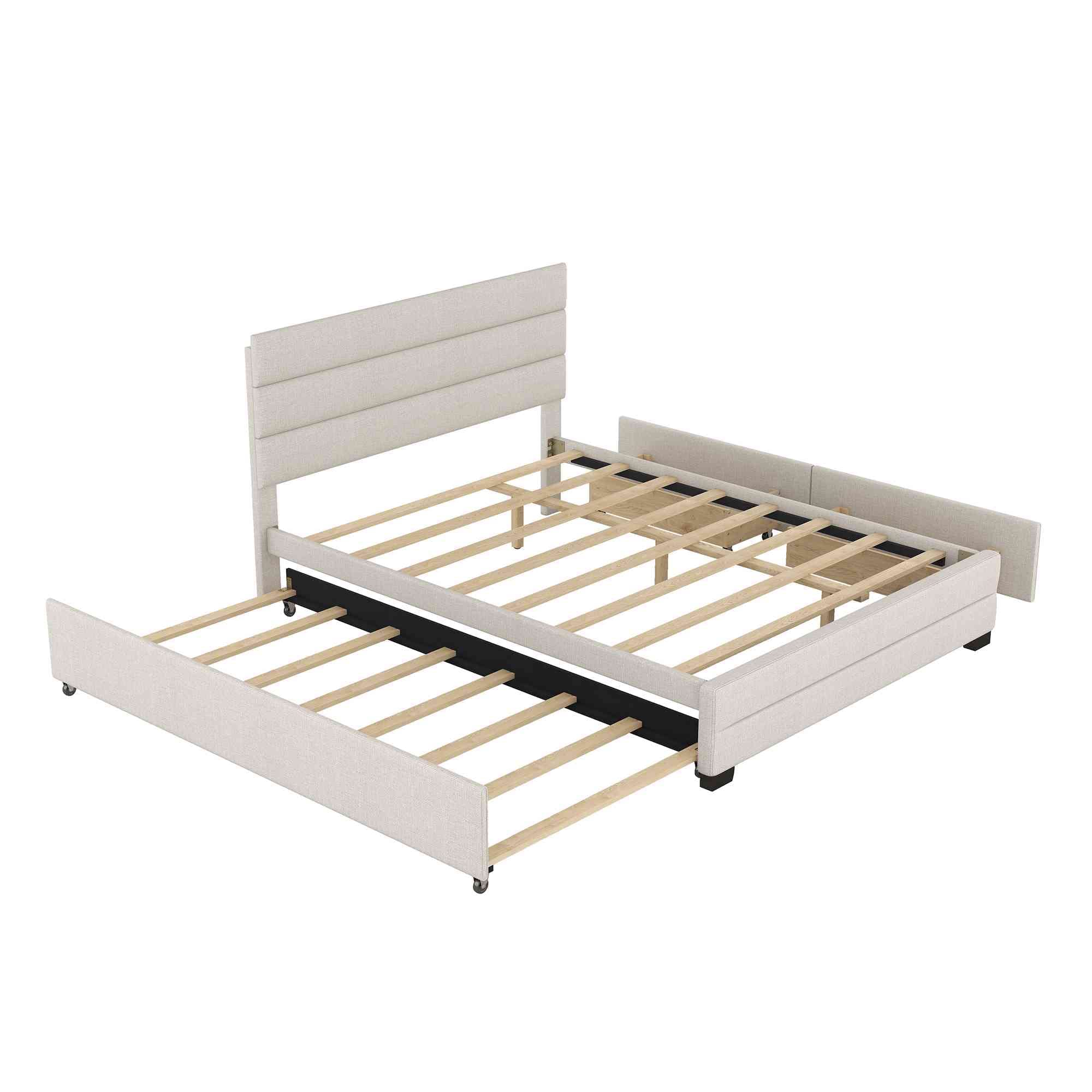 ATY Queen Size Platform Bed with Trundle & 2 Drawers, Upholstered Bedframe w/Headboard, for Bedroom, Guestroom, Livingroom, Save Space & Easy Assemble, Beige