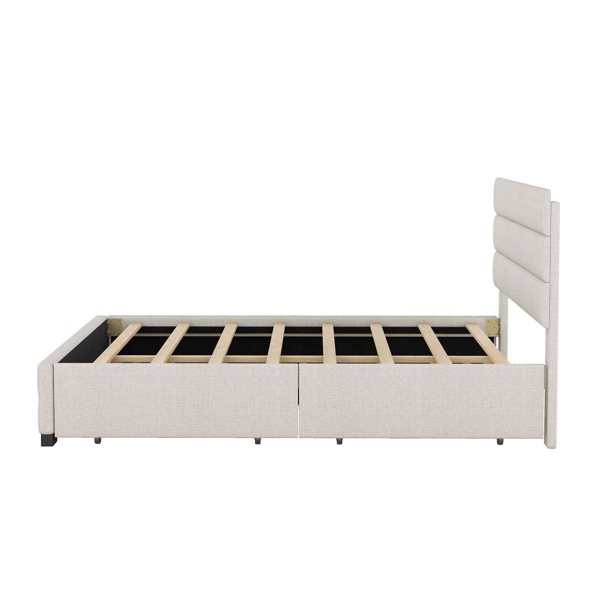 ATY Queen Size Platform Bed with Trundle & 2 Drawers, Upholstered Bedframe w/Headboard, for Bedroom, Guestroom, Livingroom, Save Space & Easy Assemble, Beige
