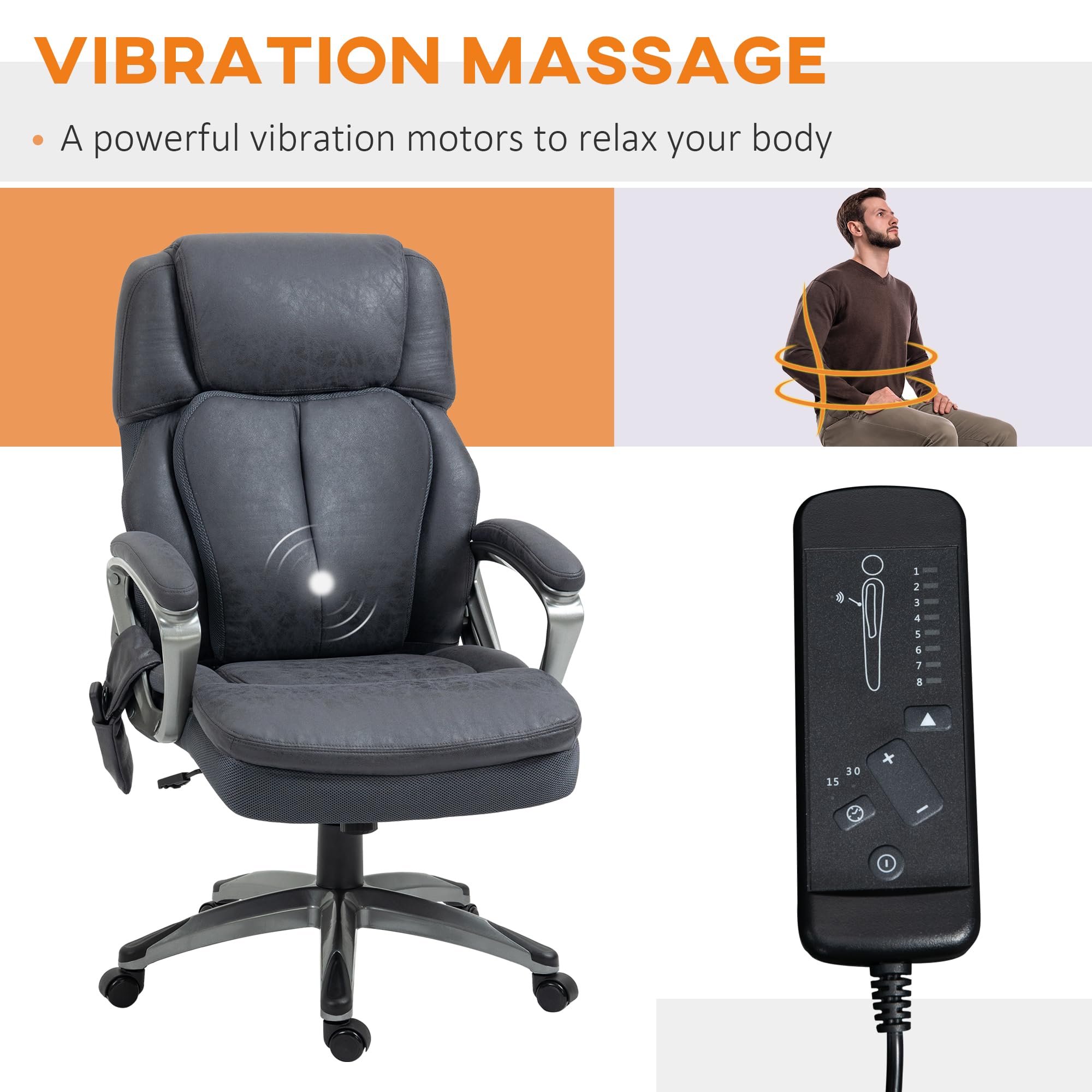 Vinsetto Big and Tall Strong Vibration Massage Office Chair, Swivel Microfiber High Back Chair, Computer Chair with Adjustable Height, 400 lbs, Gray