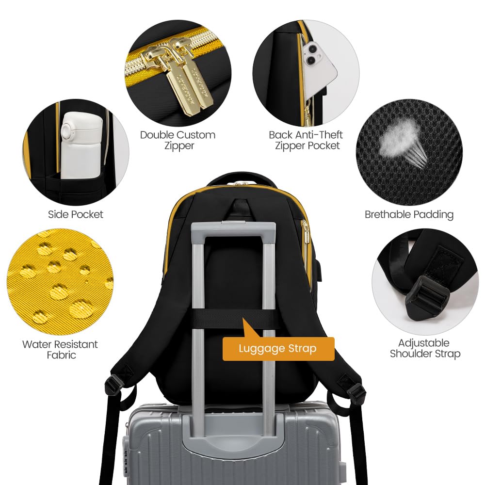 LOVEVOOK Laptop Backpack for Women,15.6 Inch Travel College Computer Back Pack,Work Backpacks with USB Port,Business Water Resistant Bag with Laptop Compartment for Teacher Nurse, Black-Yellow-White