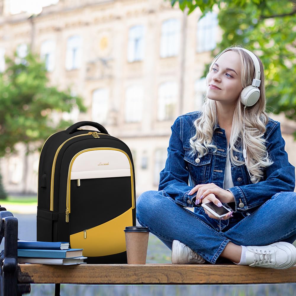 LOVEVOOK Laptop Backpack for Women,15.6 Inch Travel College Computer Back Pack,Work Backpacks with USB Port,Business Water Resistant Bag with Laptop Compartment for Teacher Nurse, Black-Yellow-White
