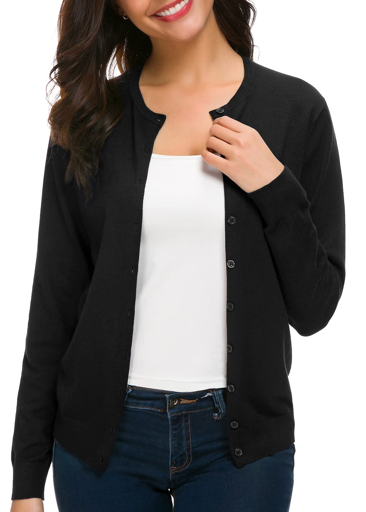 Urban CoCo Women's Long Sleeve Crew Neck Button Down Knit Cardigan Sweater (S, Black)