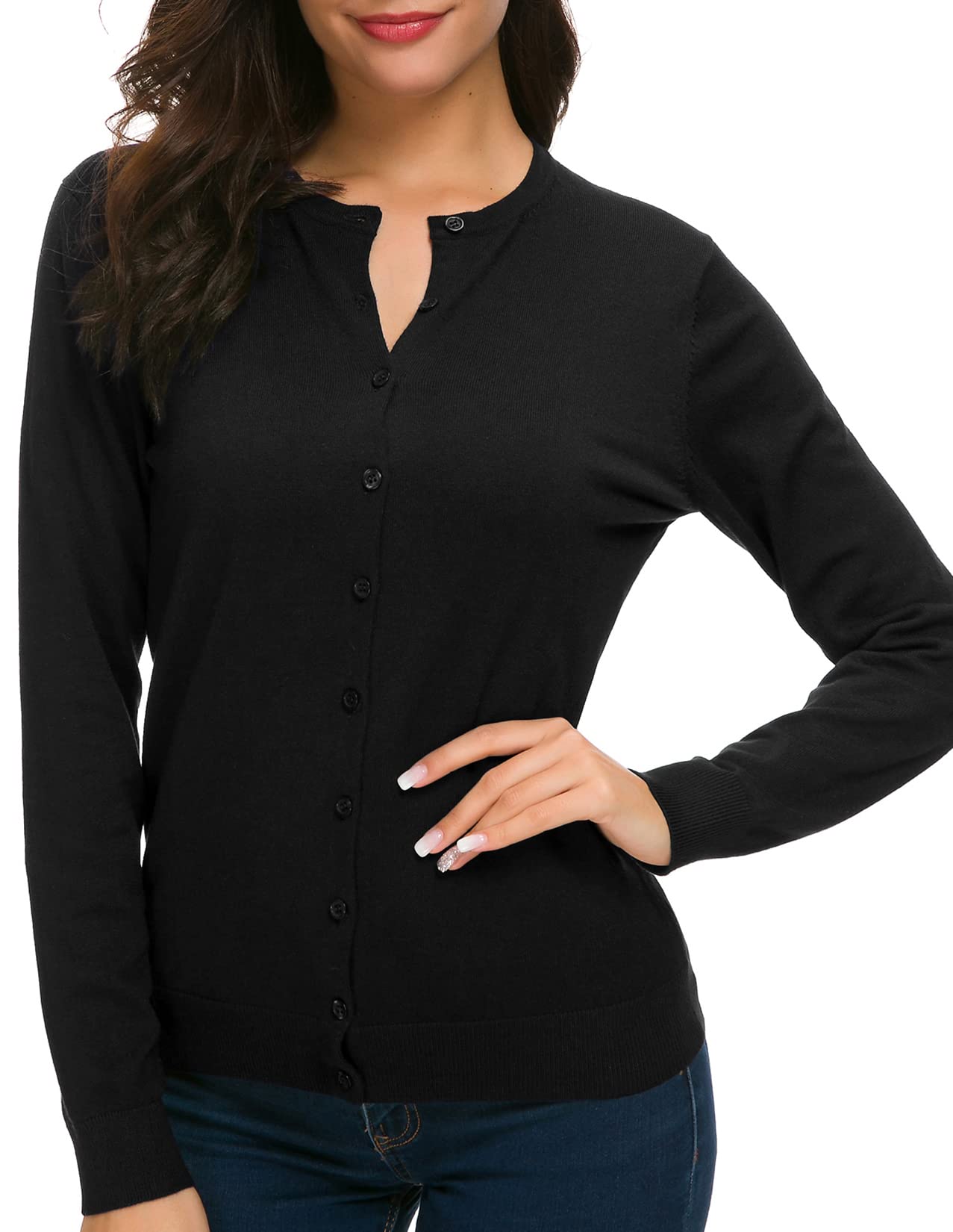 Urban CoCo Women's Long Sleeve Crew Neck Button Down Knit Cardigan Sweater (S, Black)