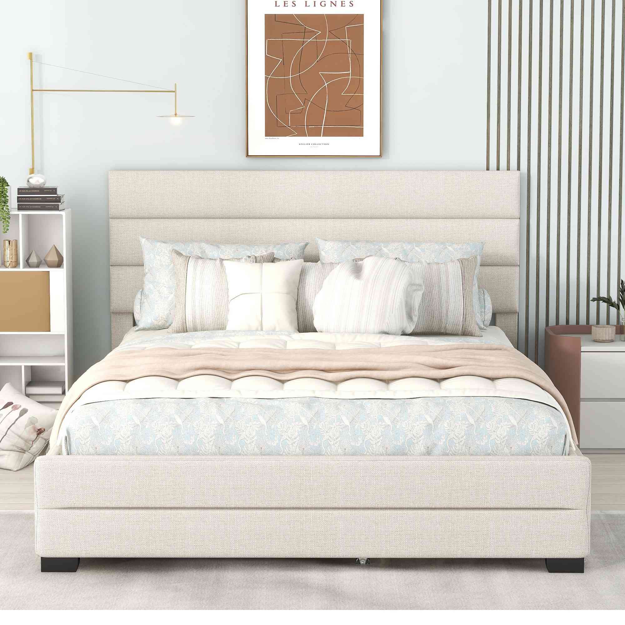 ATY Queen Size Platform Bed with Trundle & 2 Drawers, Upholstered Bedframe w/Headboard, for Bedroom, Guestroom, Livingroom, Save Space & Easy Assemble, Beige