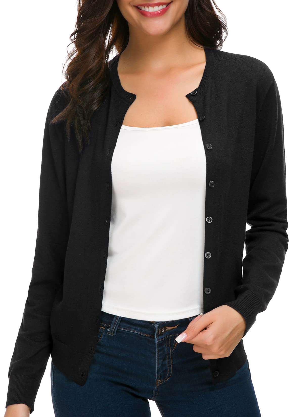 Urban CoCo Women's Long Sleeve Crew Neck Button Down Knit Cardigan Sweater (S, Black)