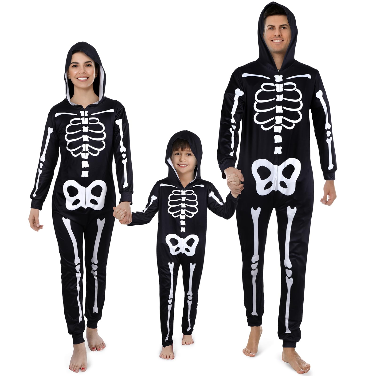 Liitrsh Halloween Skeleton Costumes Matching Family Jumpsuit with Hoodie Trick or Treat Pajamas for Women Men Kids Couple (Men,Large)